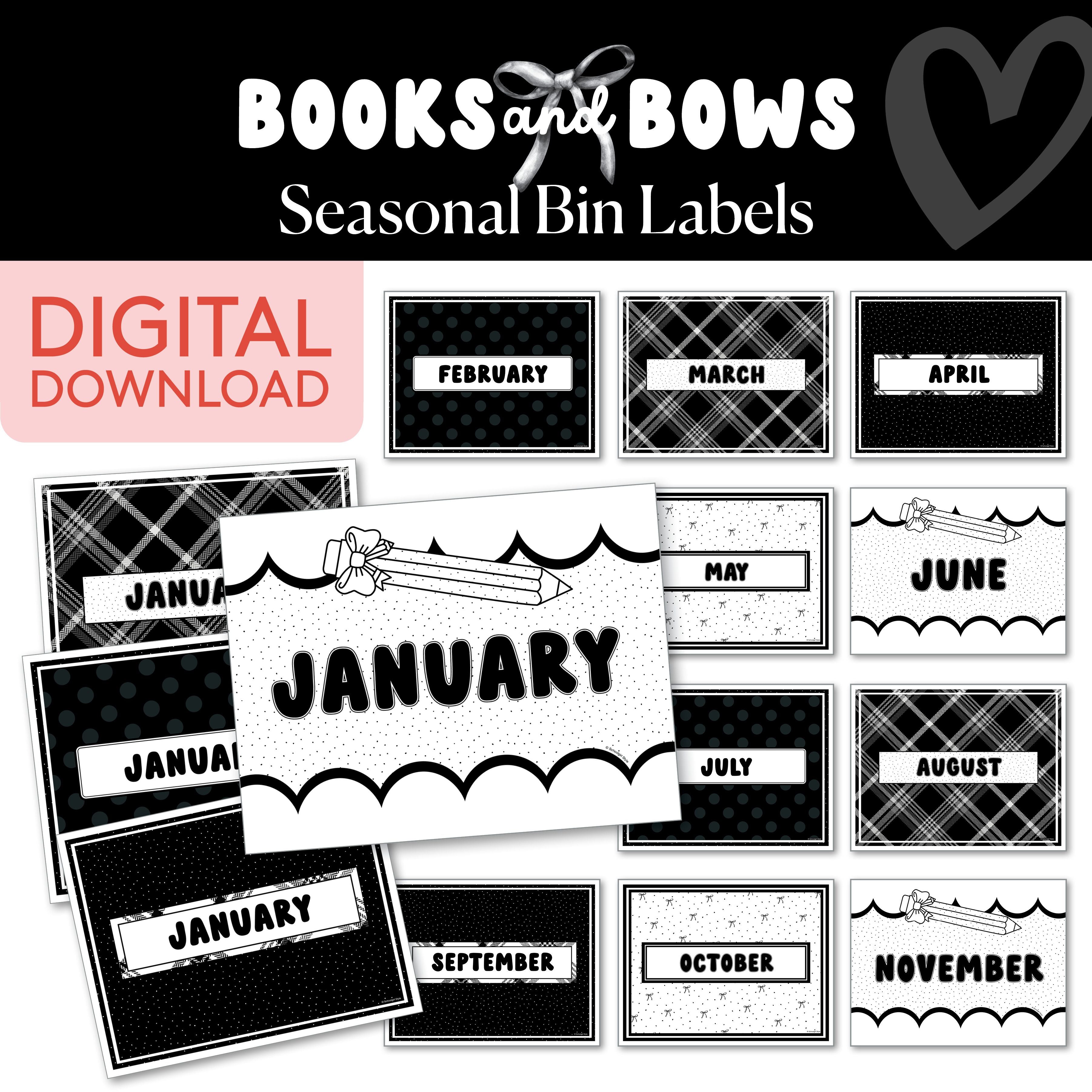 Black and White Printable Monthly Bin Labels | Books and Bows ...