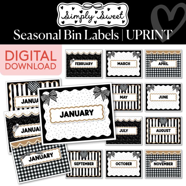 Printable Classic Black and White Monthly Bin Labels | Simply Sweet ...