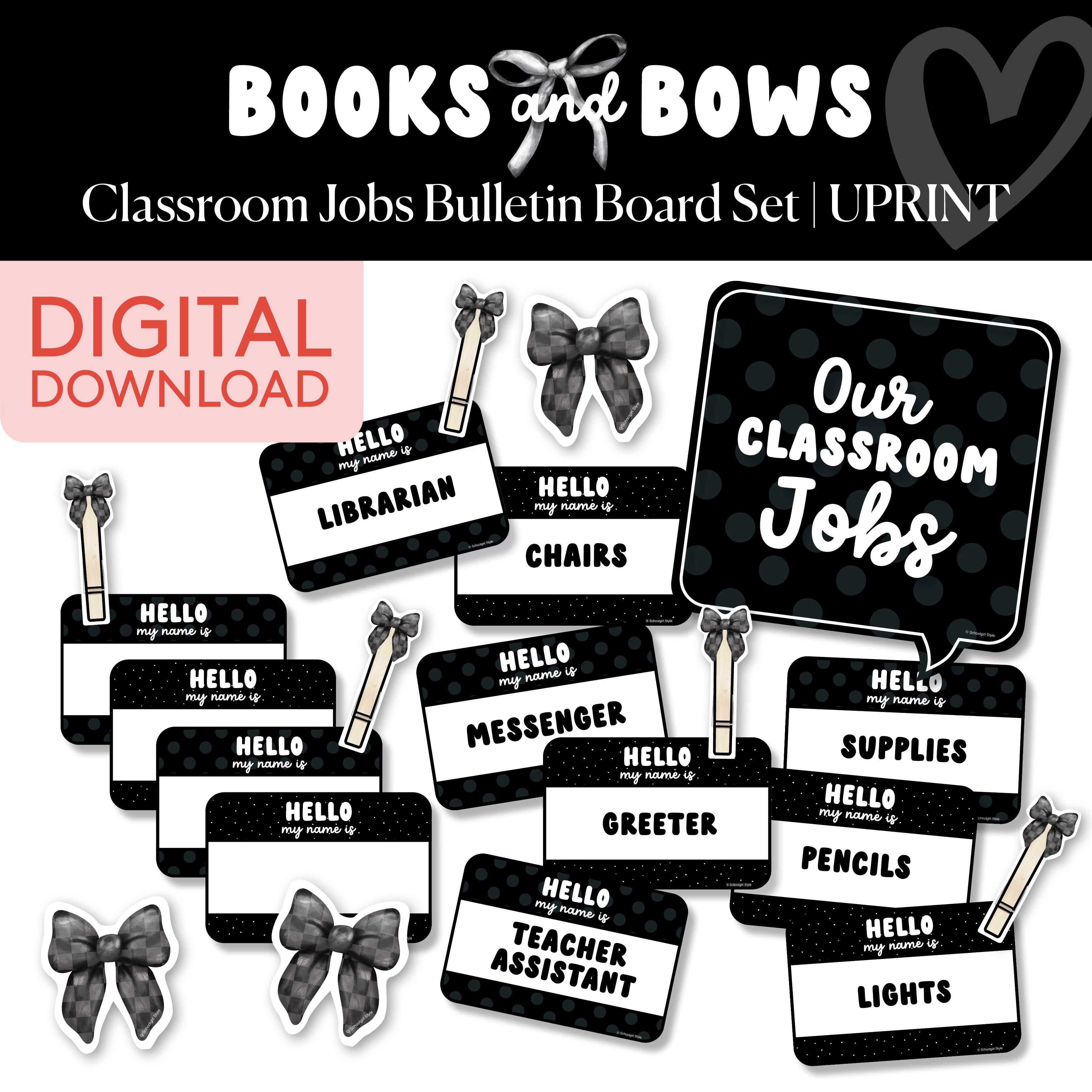 Printable Black and White Classroom Jobs Bulletin Board Set | Books an ...