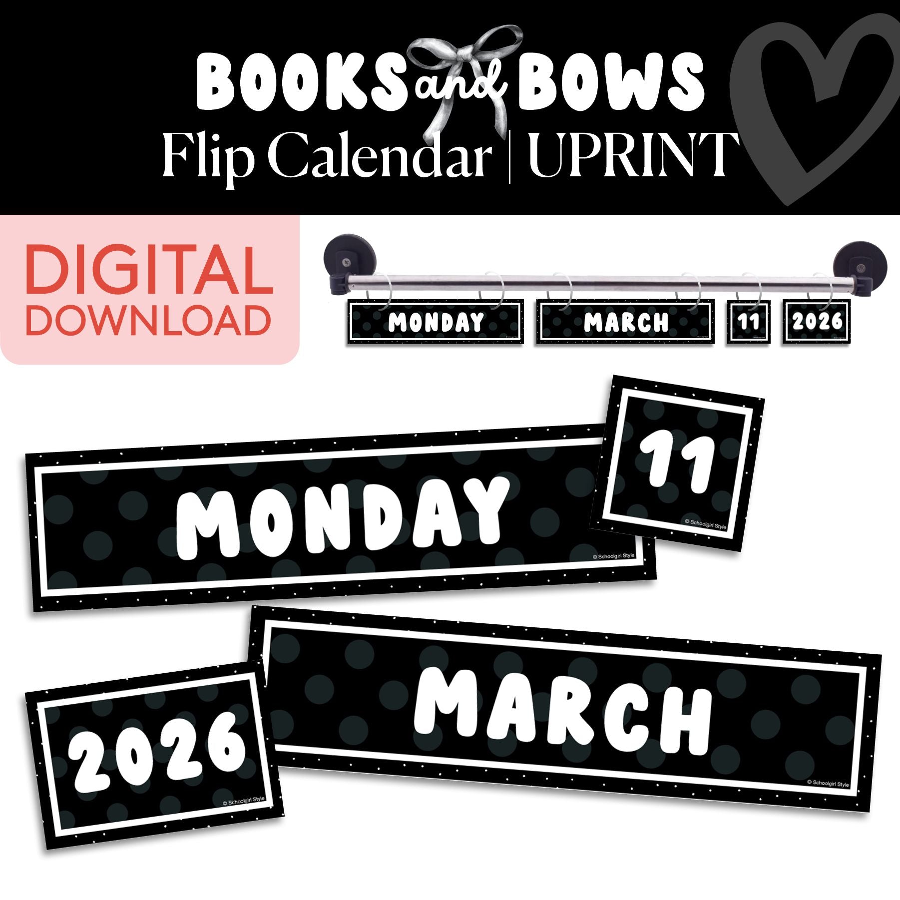 Printable Black and White Classroom Flip Calendar | Books and Bows ...
