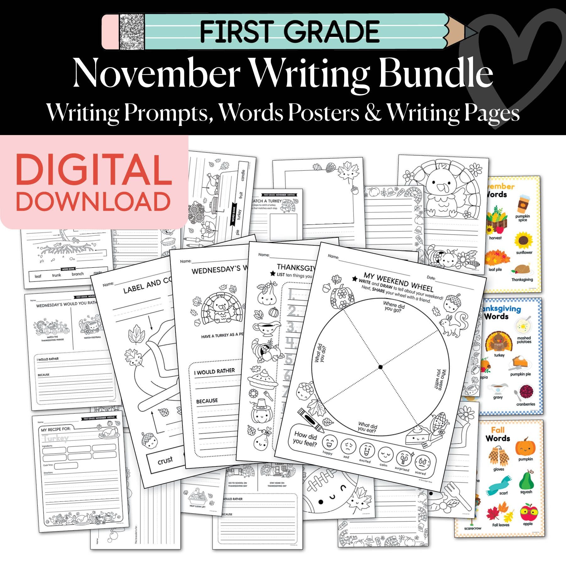 Printable First Grade November Writing Bundle – Schoolgirl Style