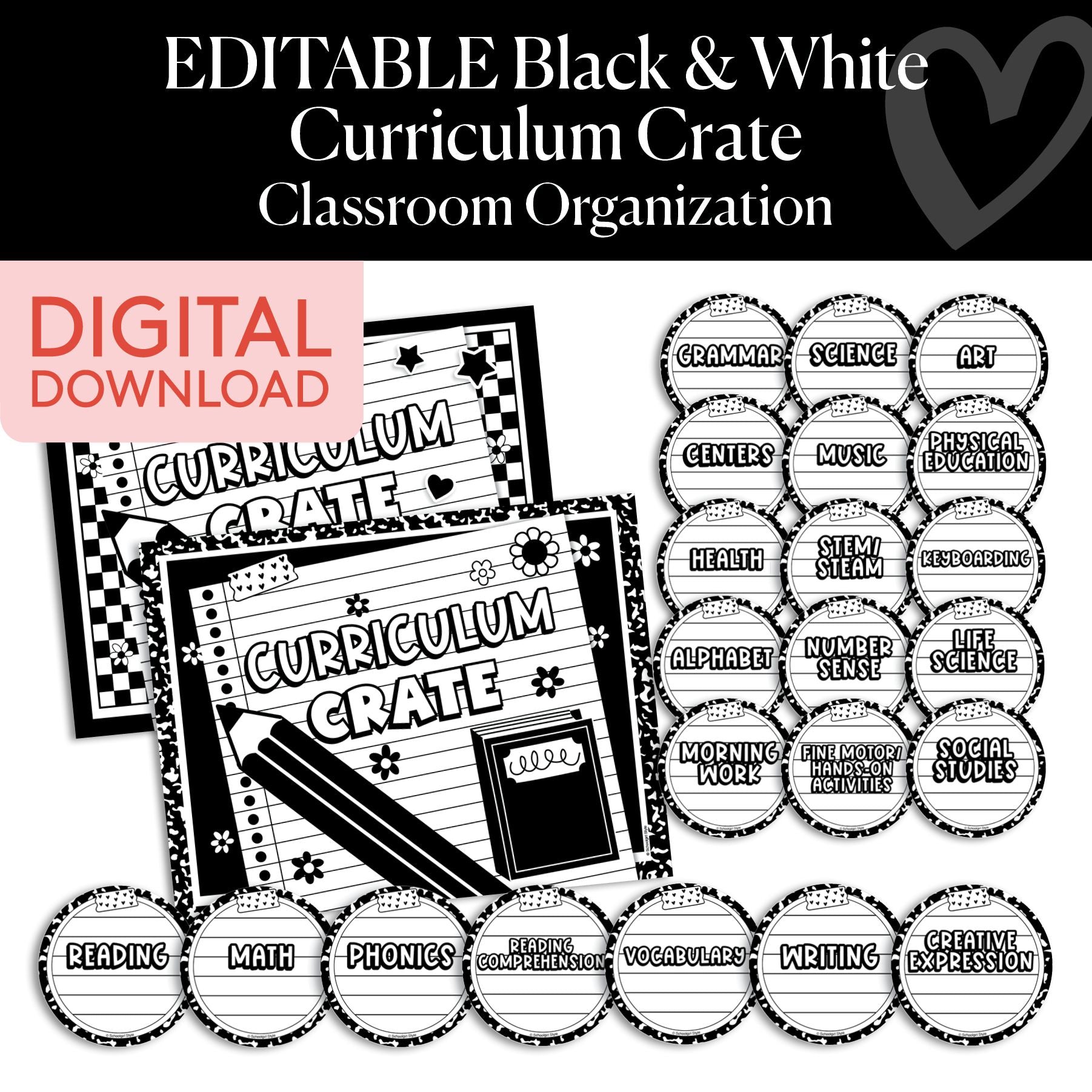 Printable Black and White Curriculum Crate – Schoolgirl Style