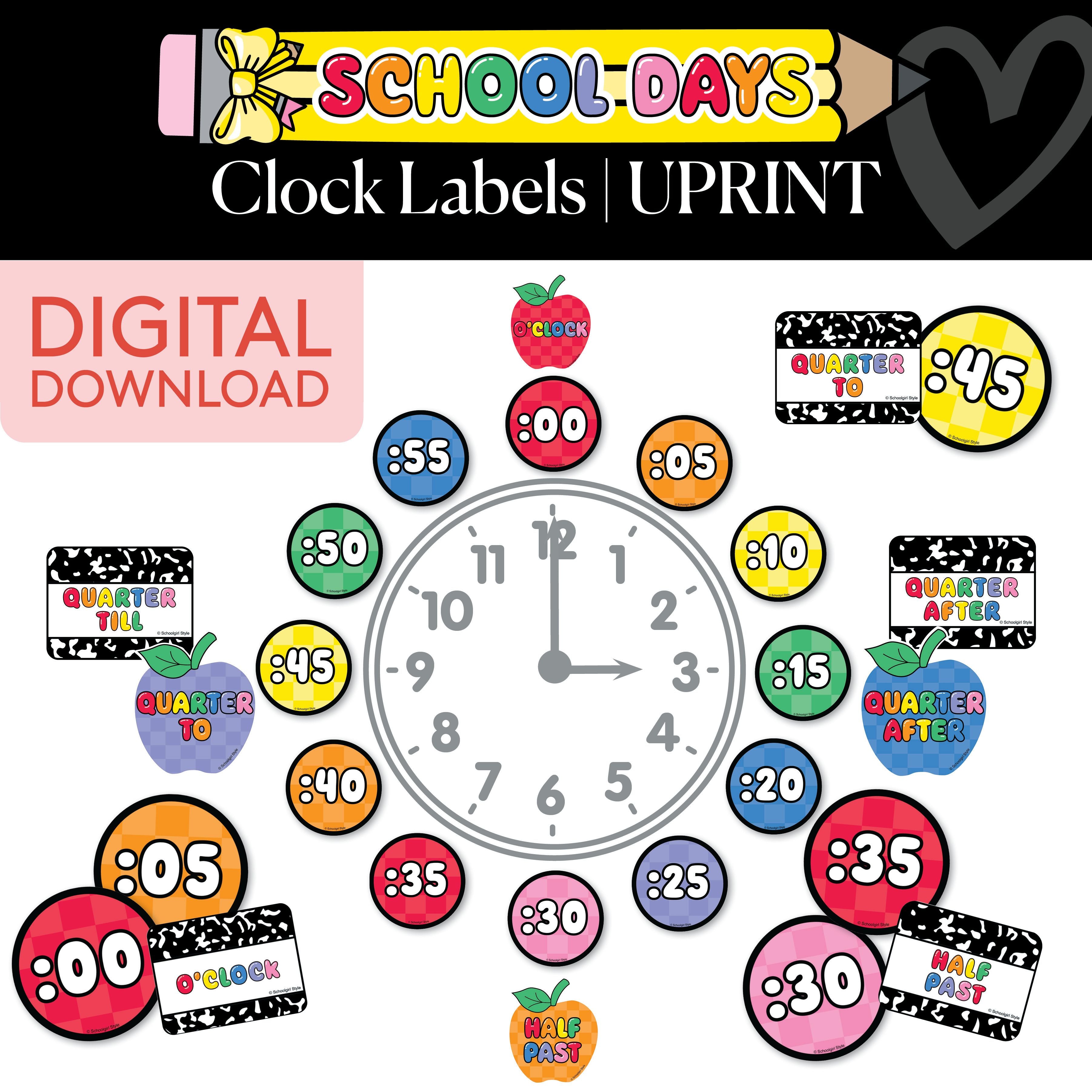 Printable Bright Rainbow Classroom Clock Labels | School Days ...