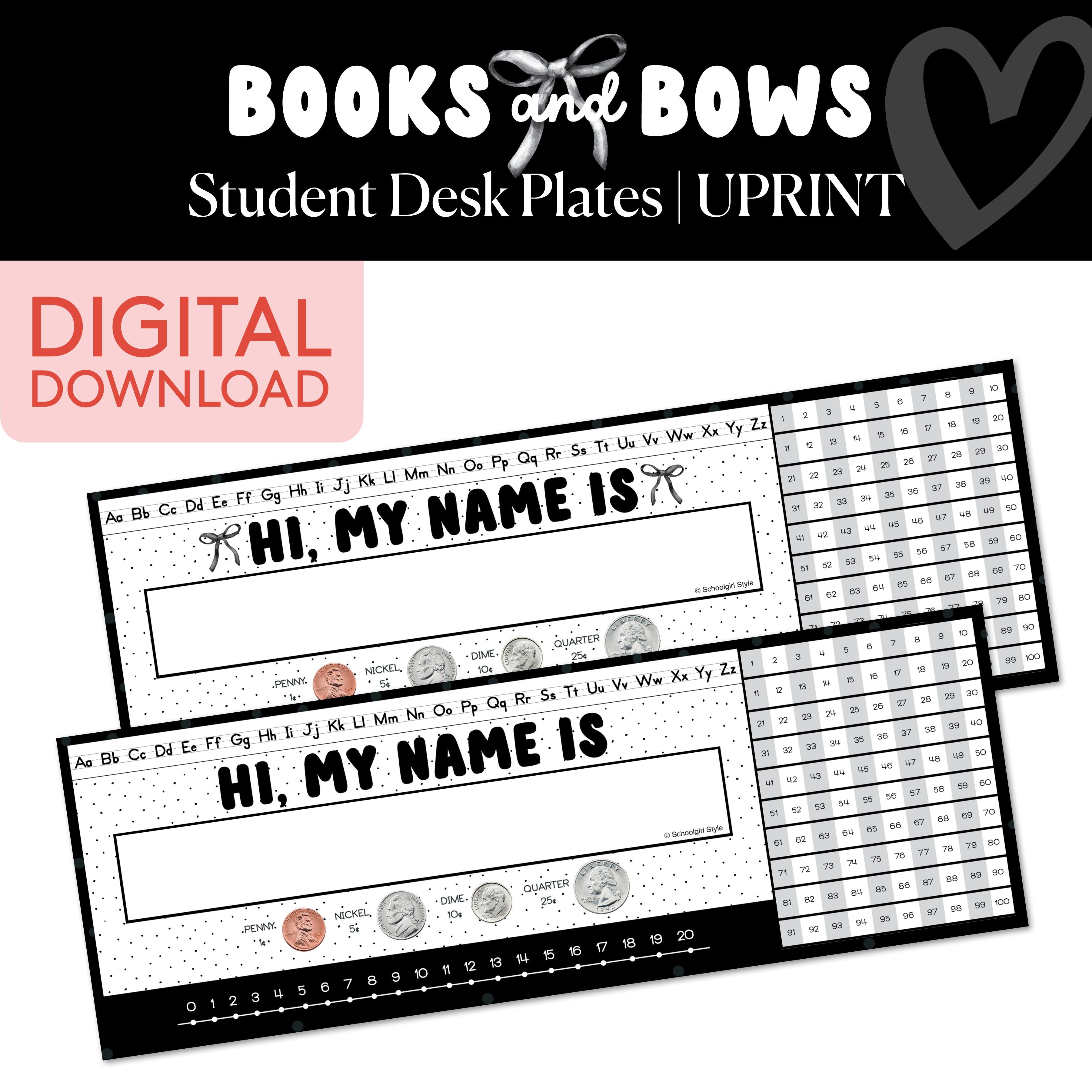 Black and White Printable Student Desk Plates | Books and Bows ...