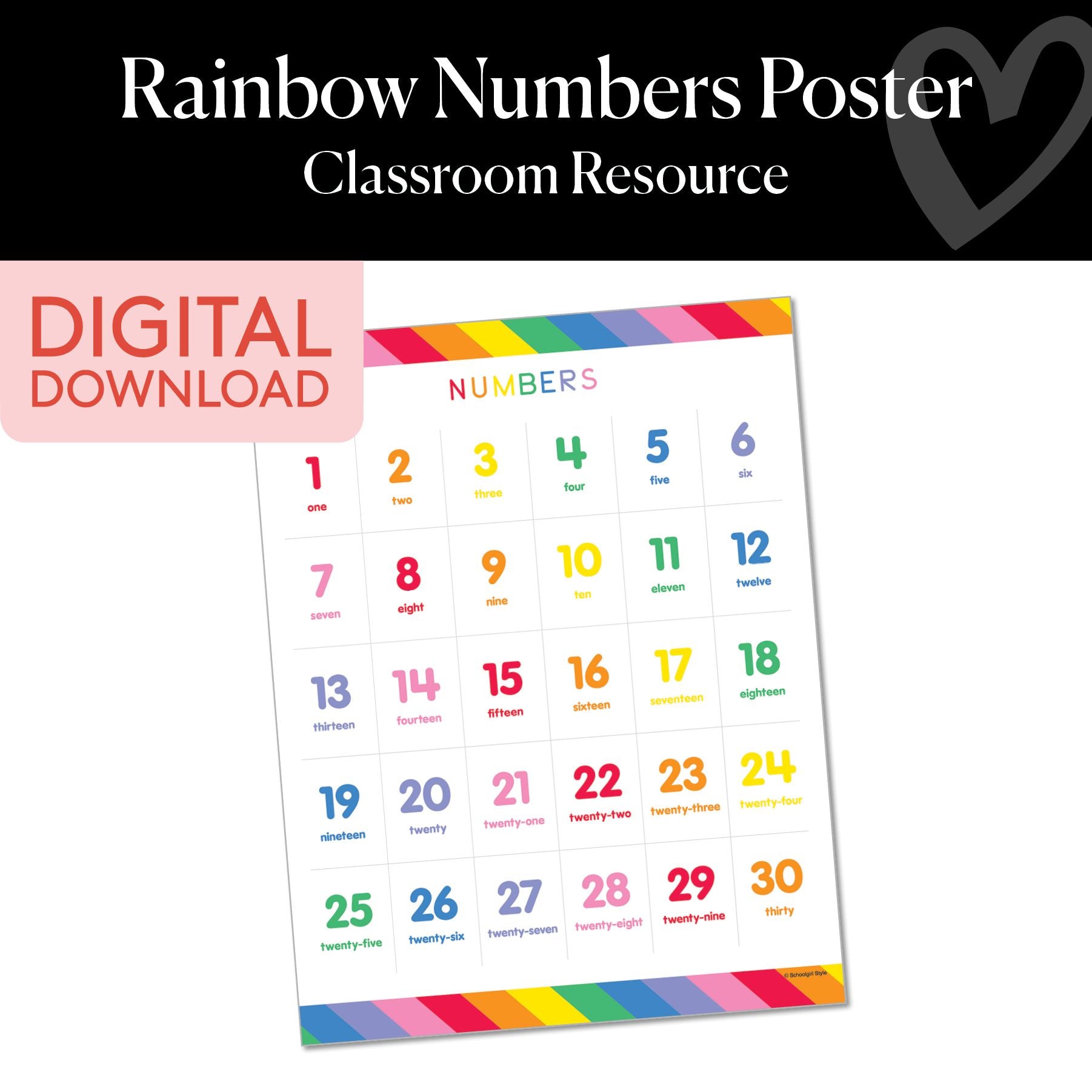 Printable Rainbow Numbers 1–30 Poster – Schoolgirl Style