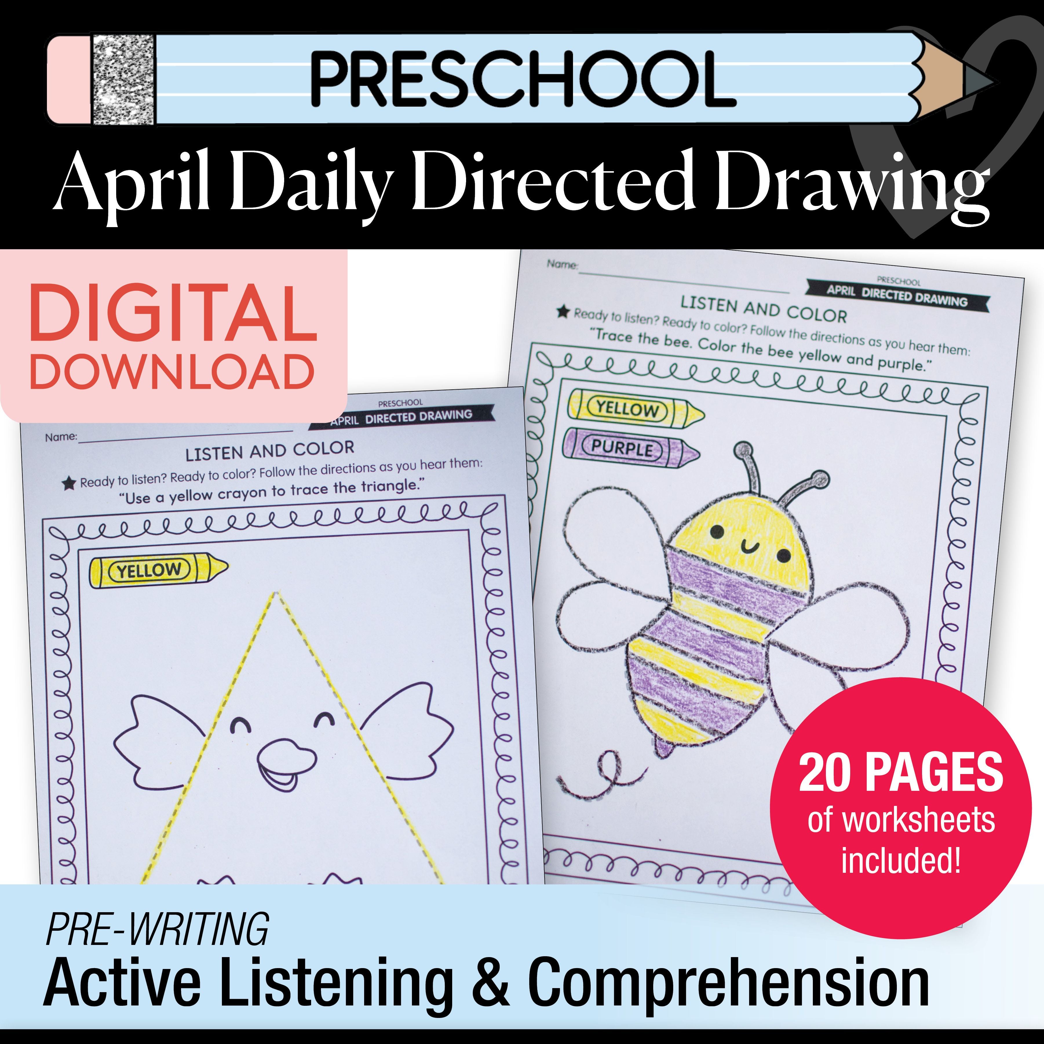 Printable Preschool April Directed Drawing Worksheets – Schoolgirl Style