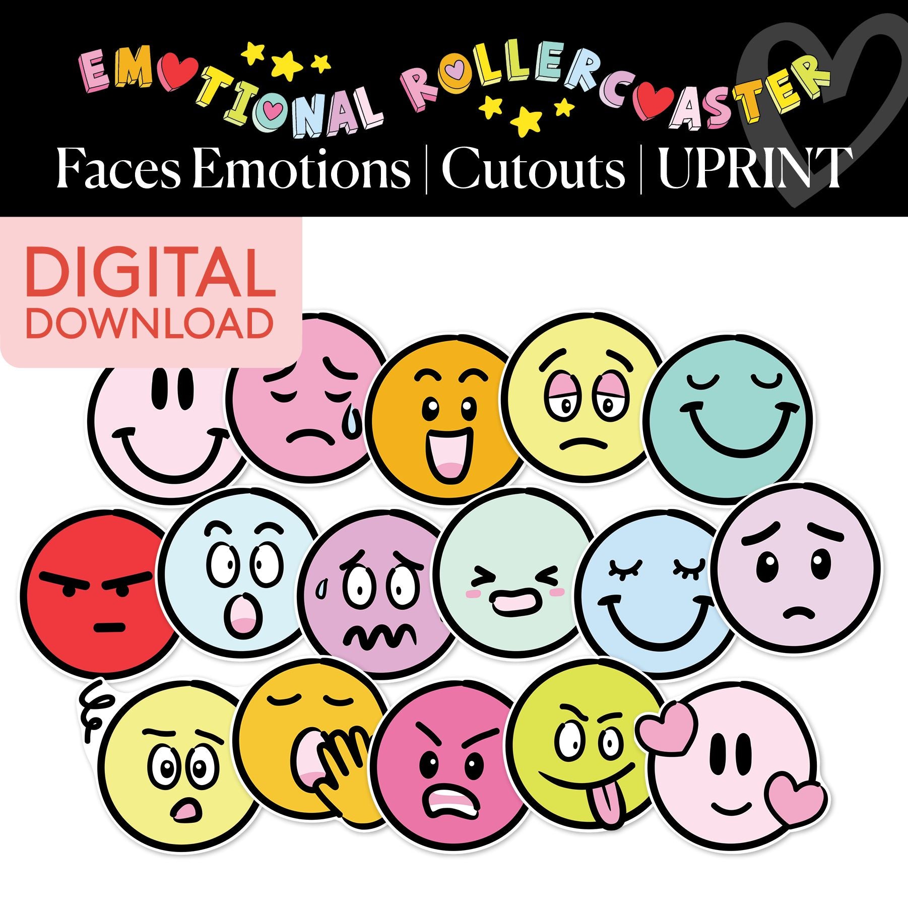 Printable Rainbow Pastel Faces Emotions Bulletin Board Cutouts | Emoti ...