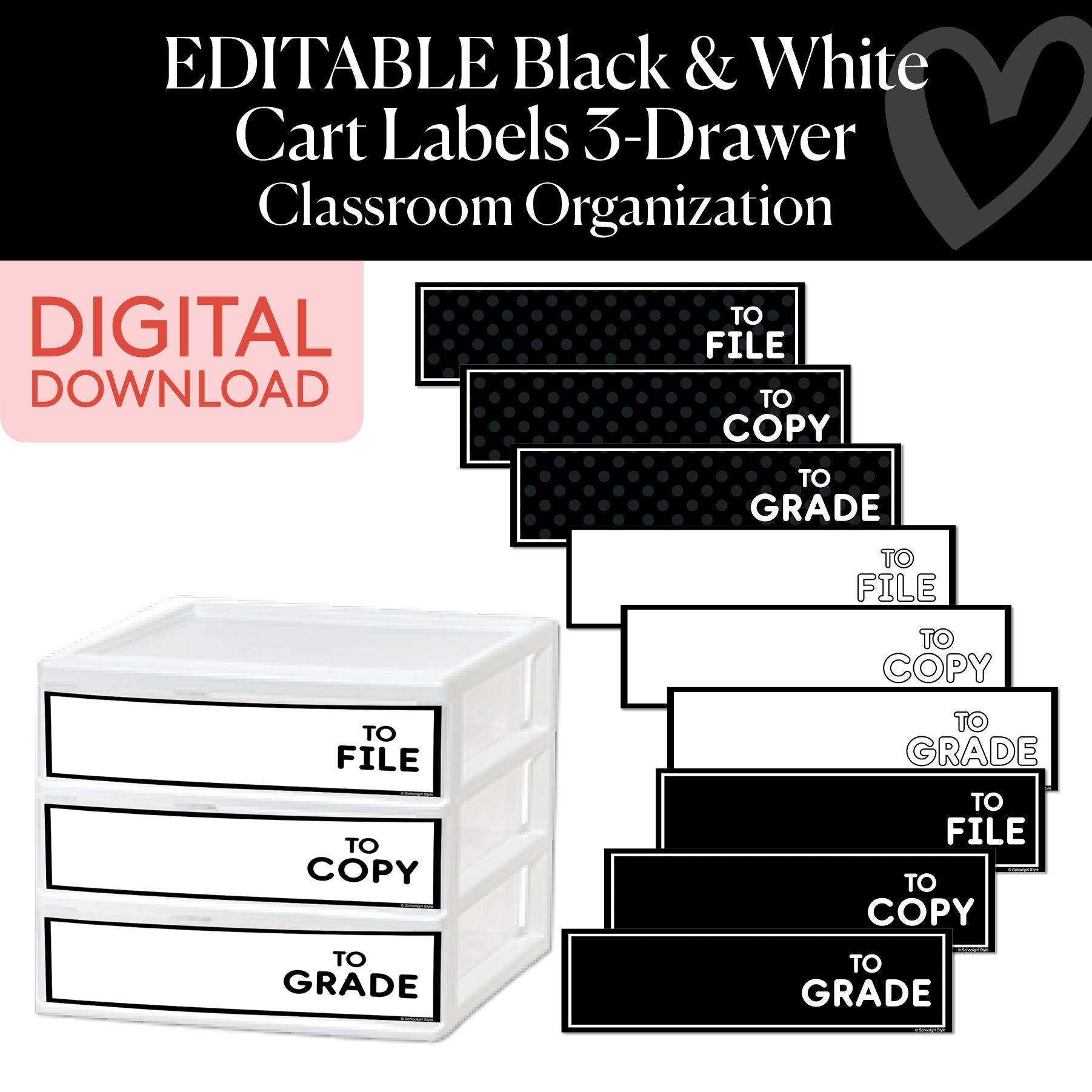Printable Black and White Three-Drawer Organizer Labels – Schoolgirl Style