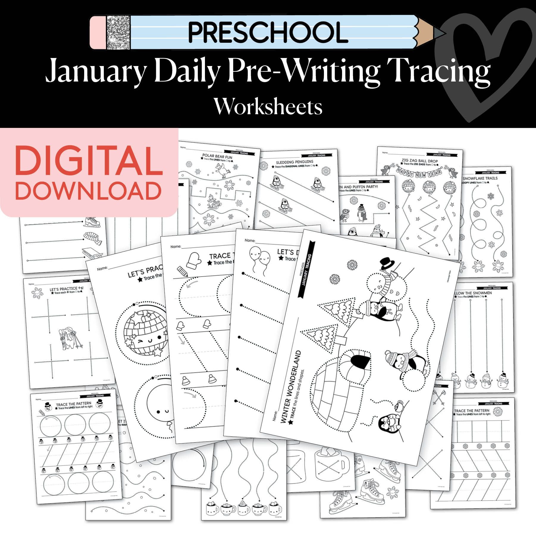 Printable Preschool January Daily Pre-Writing Tracing Worksheets ...