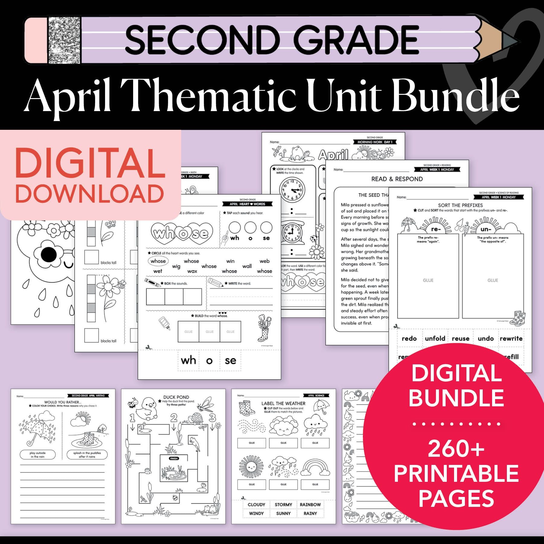 Printable Second Grade April Thematic Unit Bundle – Schoolgirl Style