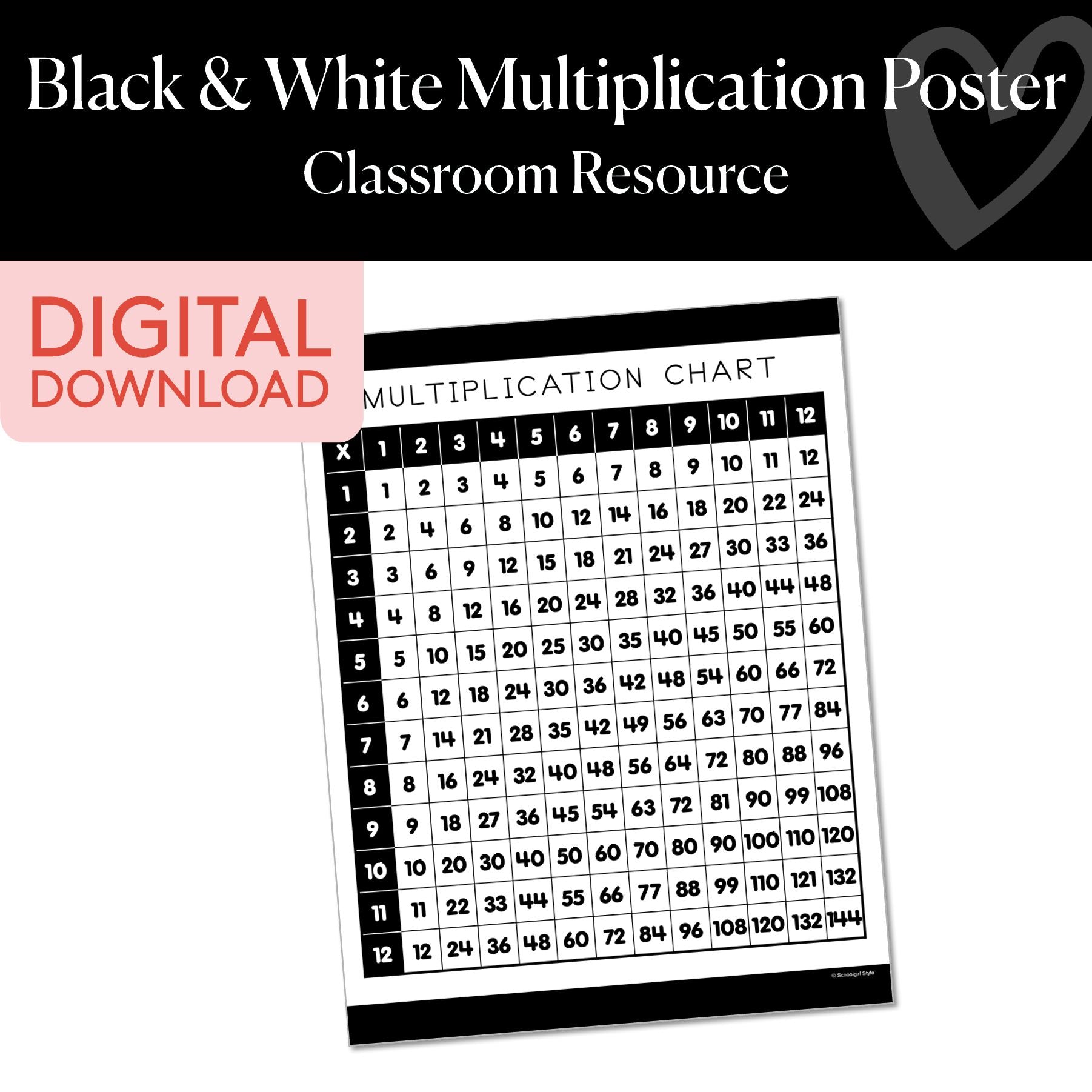 Printable Black and White Multiplication Poster – Schoolgirl Style