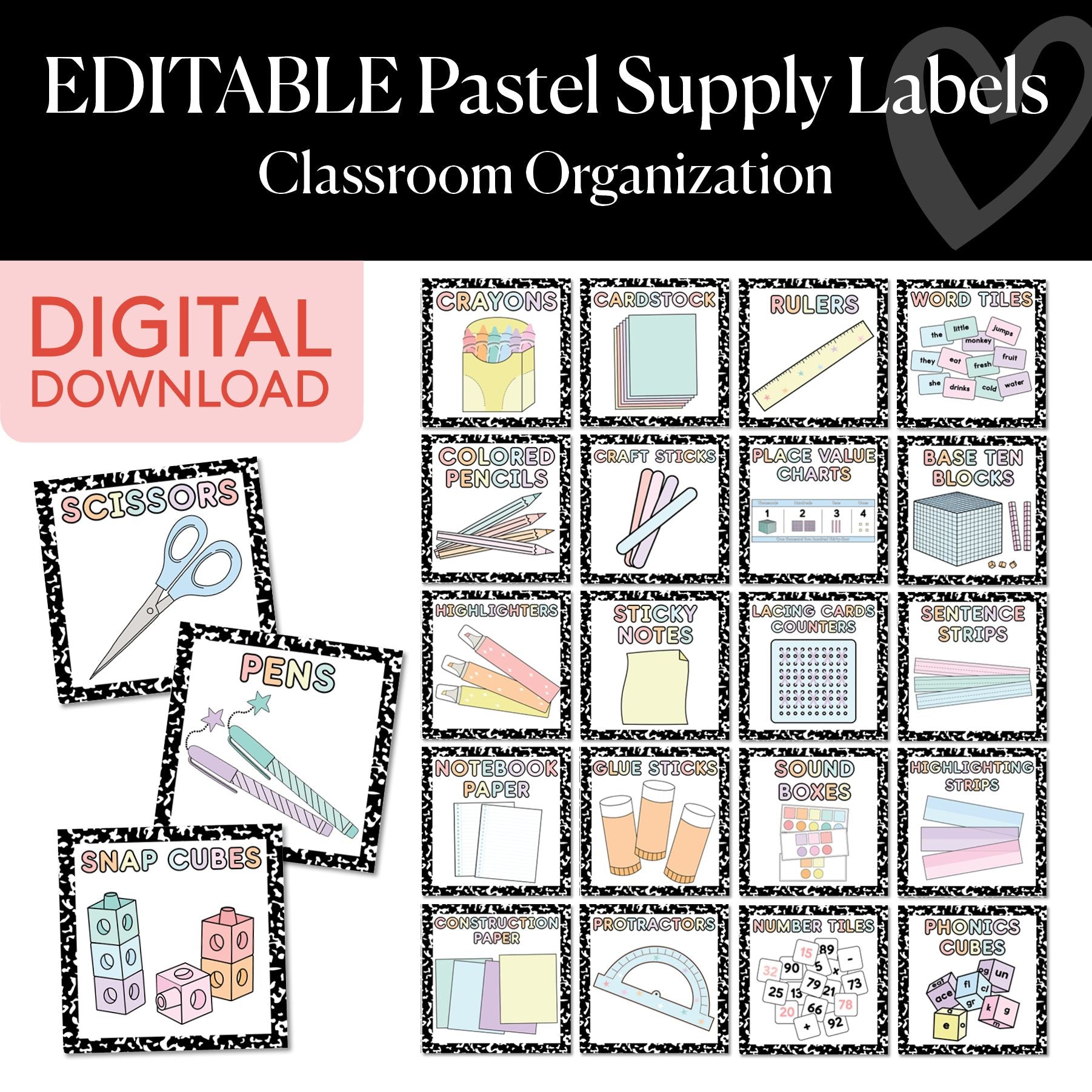 Printable Editable Pastel Classroom Supply Labels – Schoolgirl Style