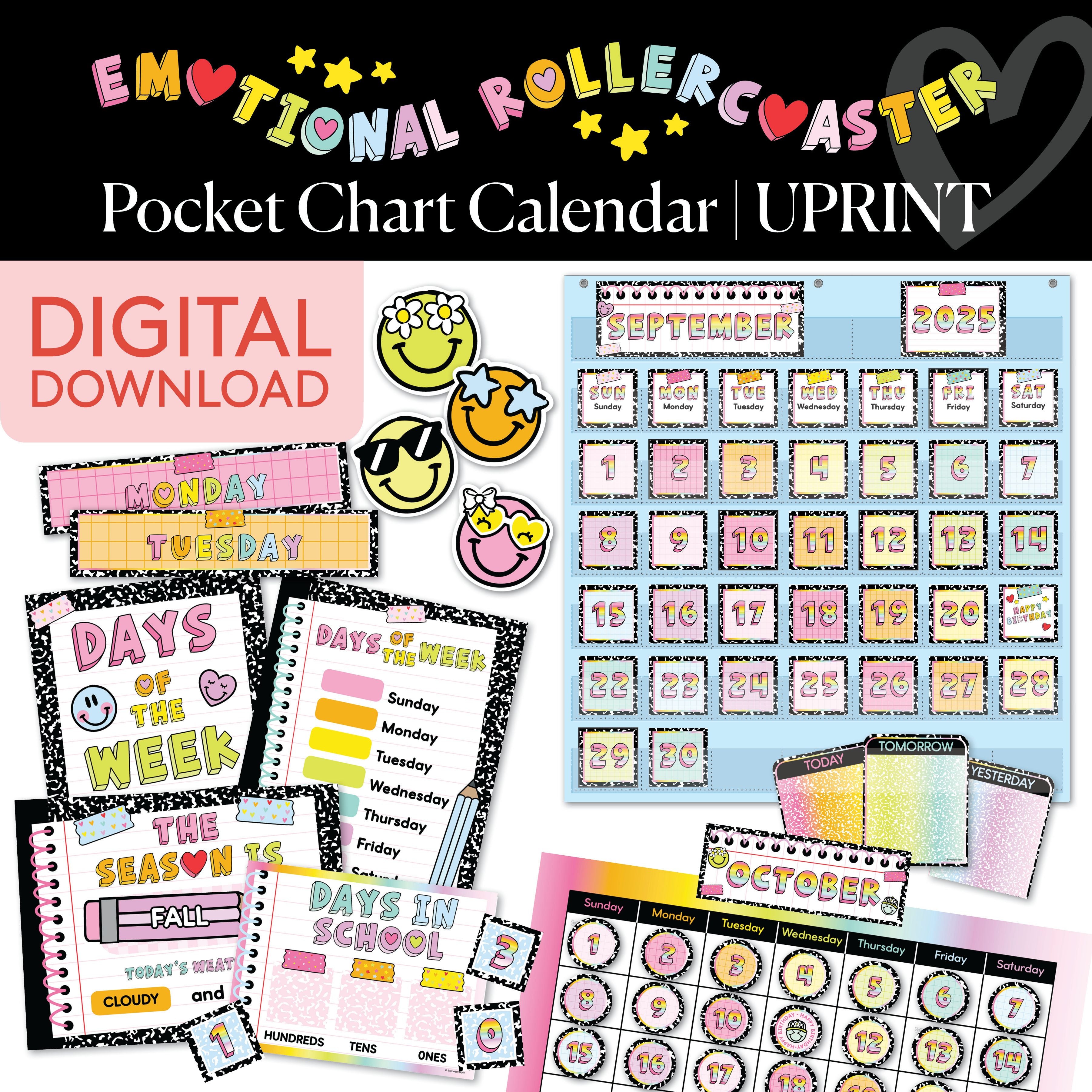 Printable Rainbow Pastel Pocket Chart Calendar | Emotional Rollercoast ...