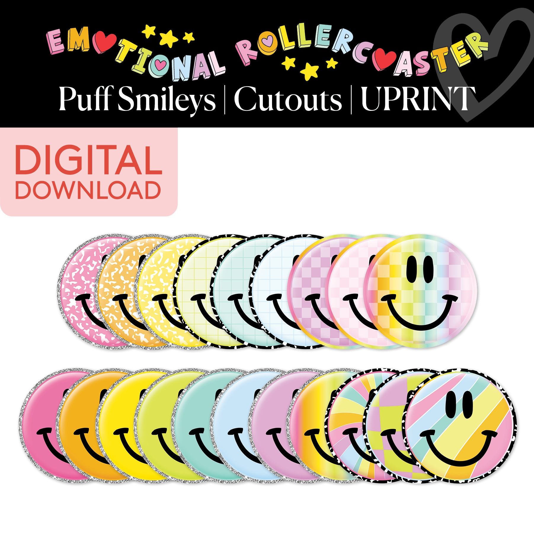 Printable Rainbow Pastel Puff Smileys Bulletin Board Cutouts | Emotion ...