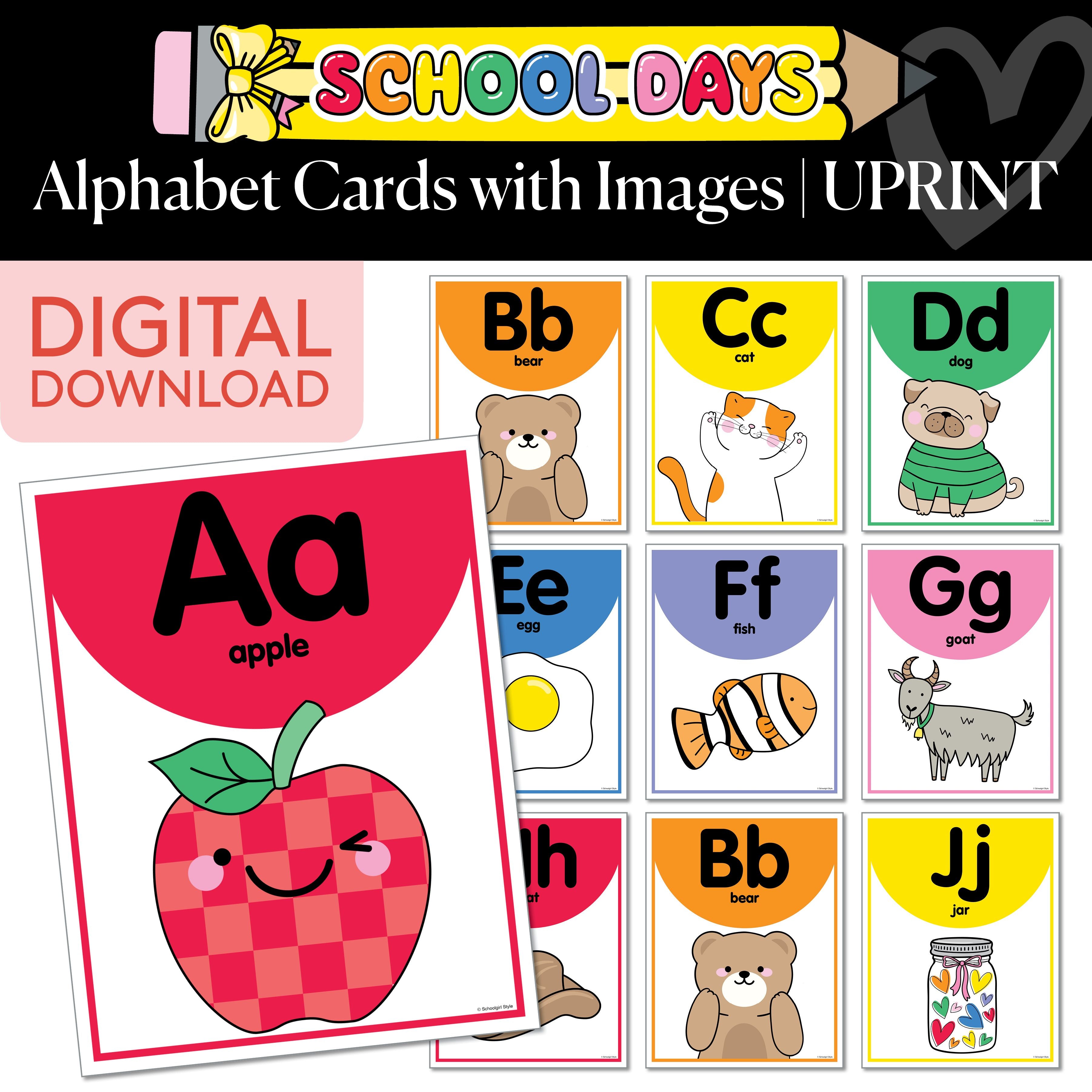 Printable Bright Rainbow Alphabet Cards with Images | School Days ...