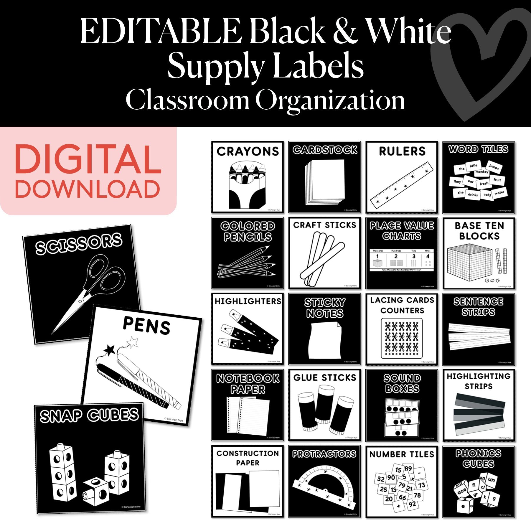 Printable Editable Black and White Classroom Supply Labels – Schoolgirl ...