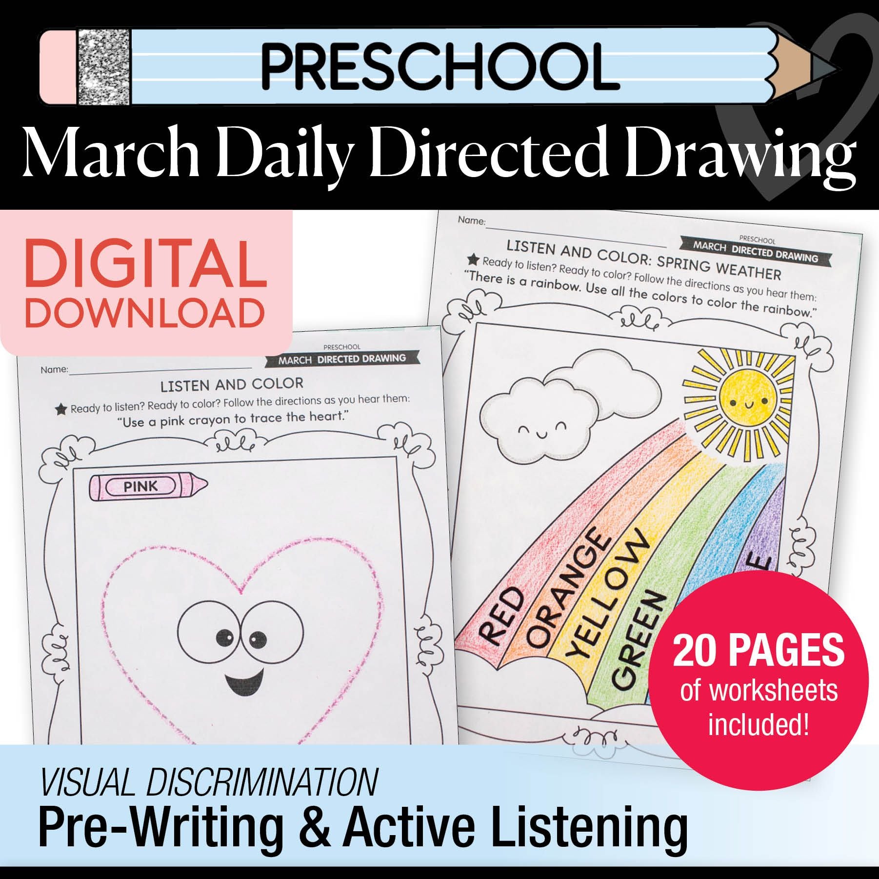 Printable Preschool March Directed Drawing Worksheets – Schoolgirl Style
