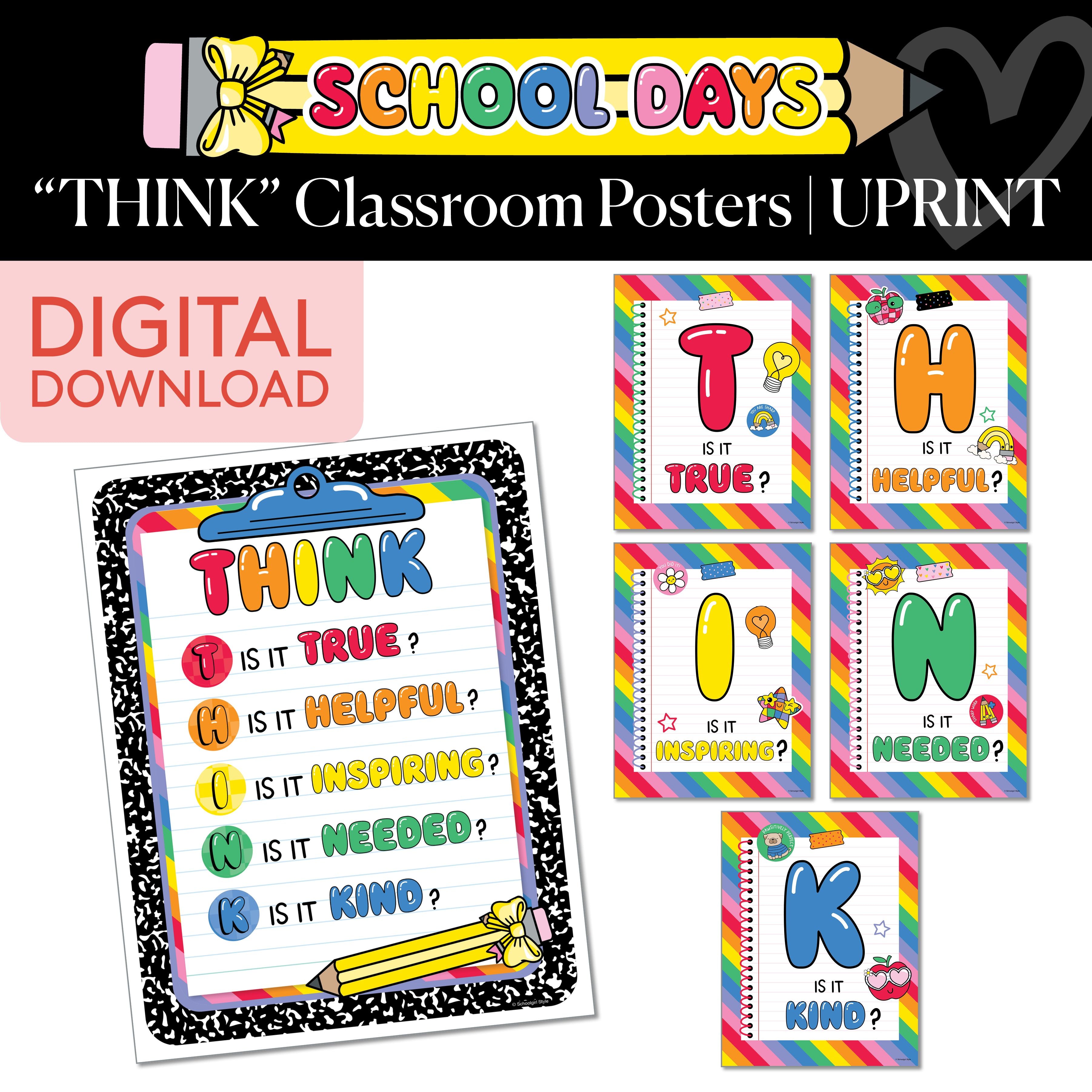 Printable Bright Rainbow Think Posters | School Days – Schoolgirl Style