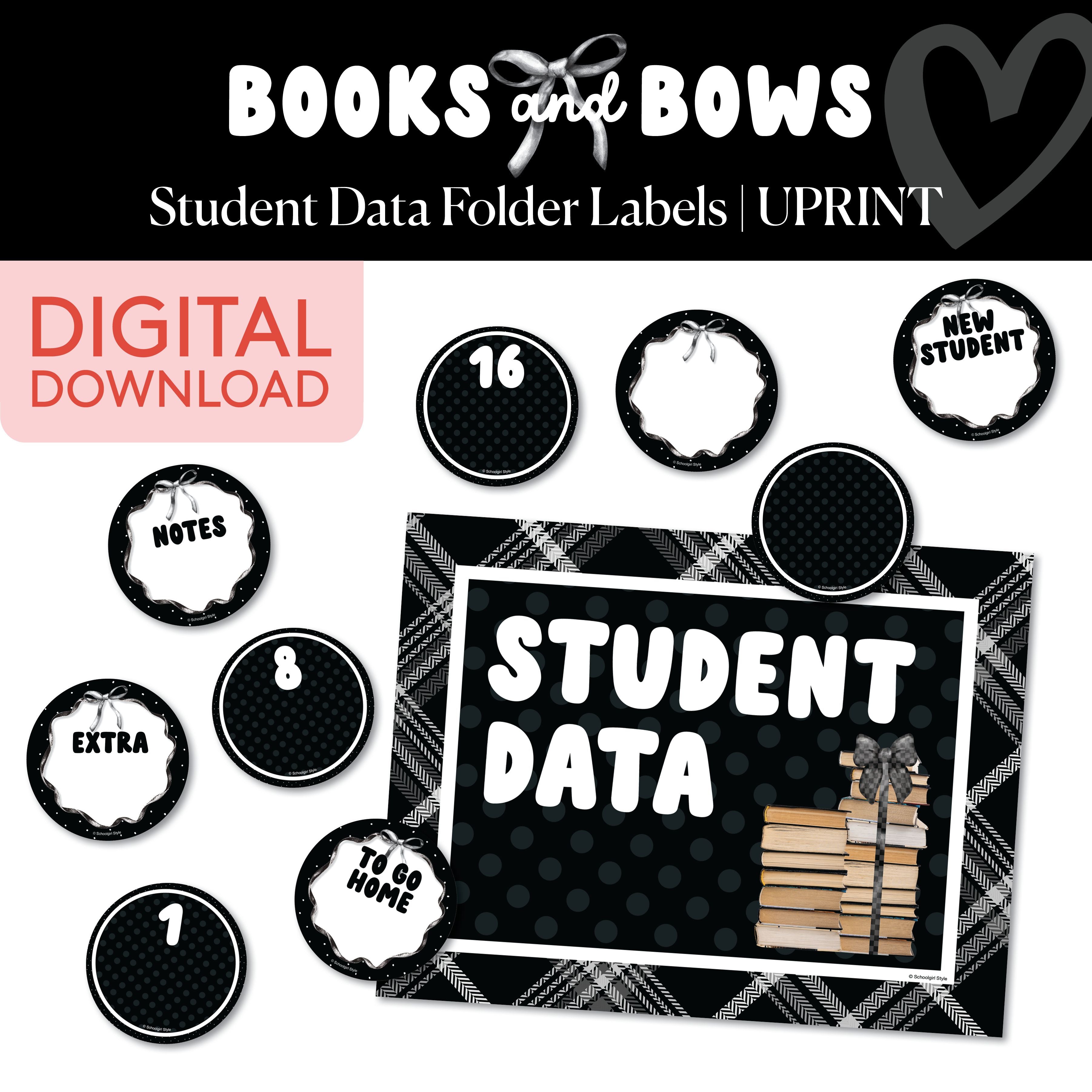 Printable Black and White Student Data Folder Labels | Books and Bows ...
