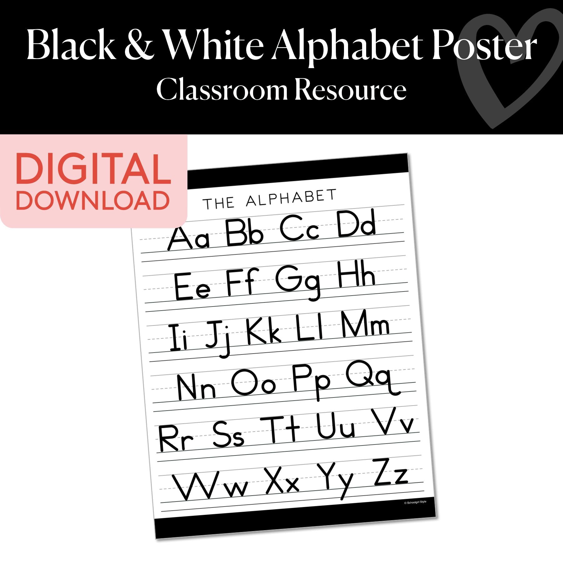 Printable Black and White Alphabet Poster – Schoolgirl Style