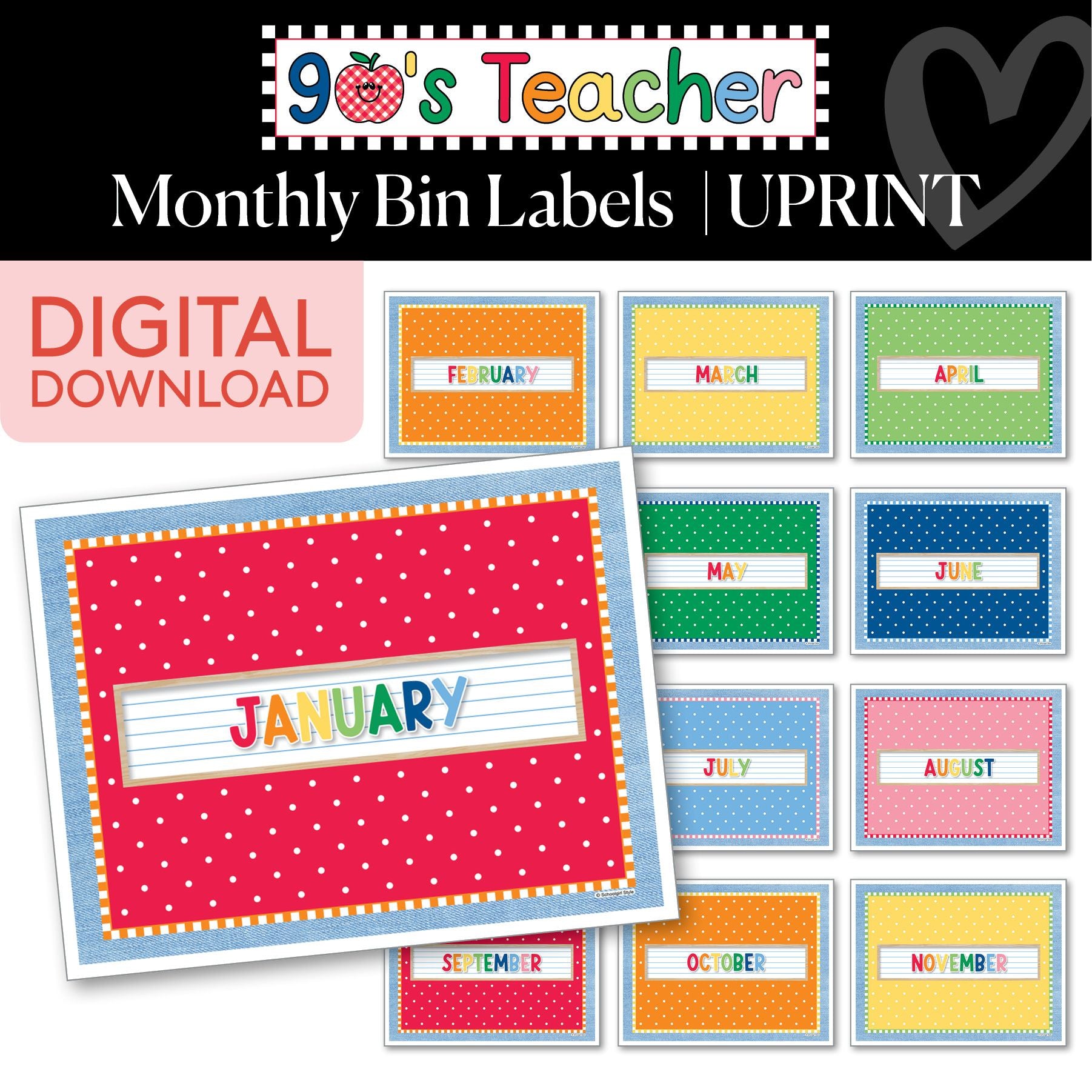 Printable Retro Monthly Bin Labels | 90s Teacher – Schoolgirl Style