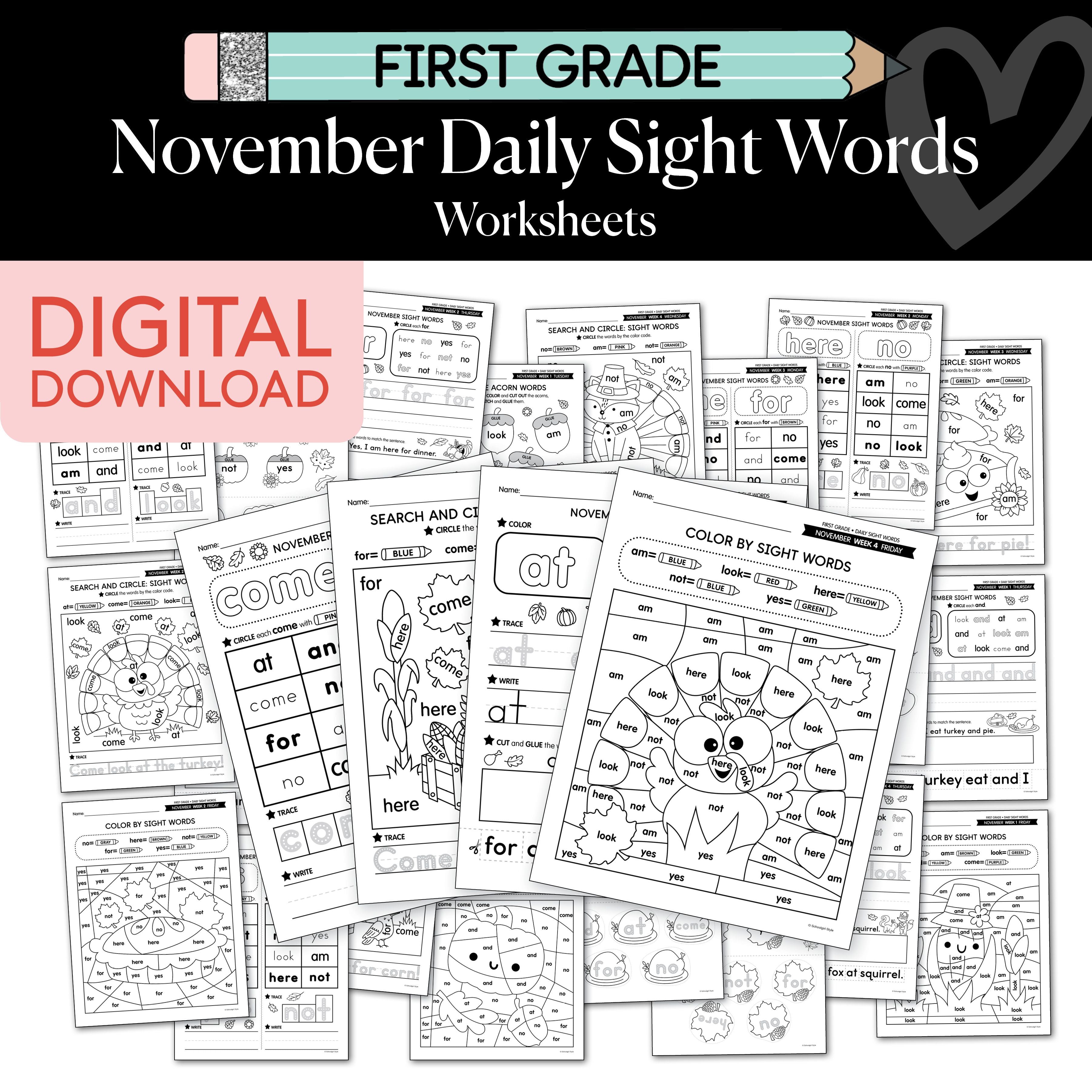Printable First Grade November Daily Sight Words – Schoolgirl Style