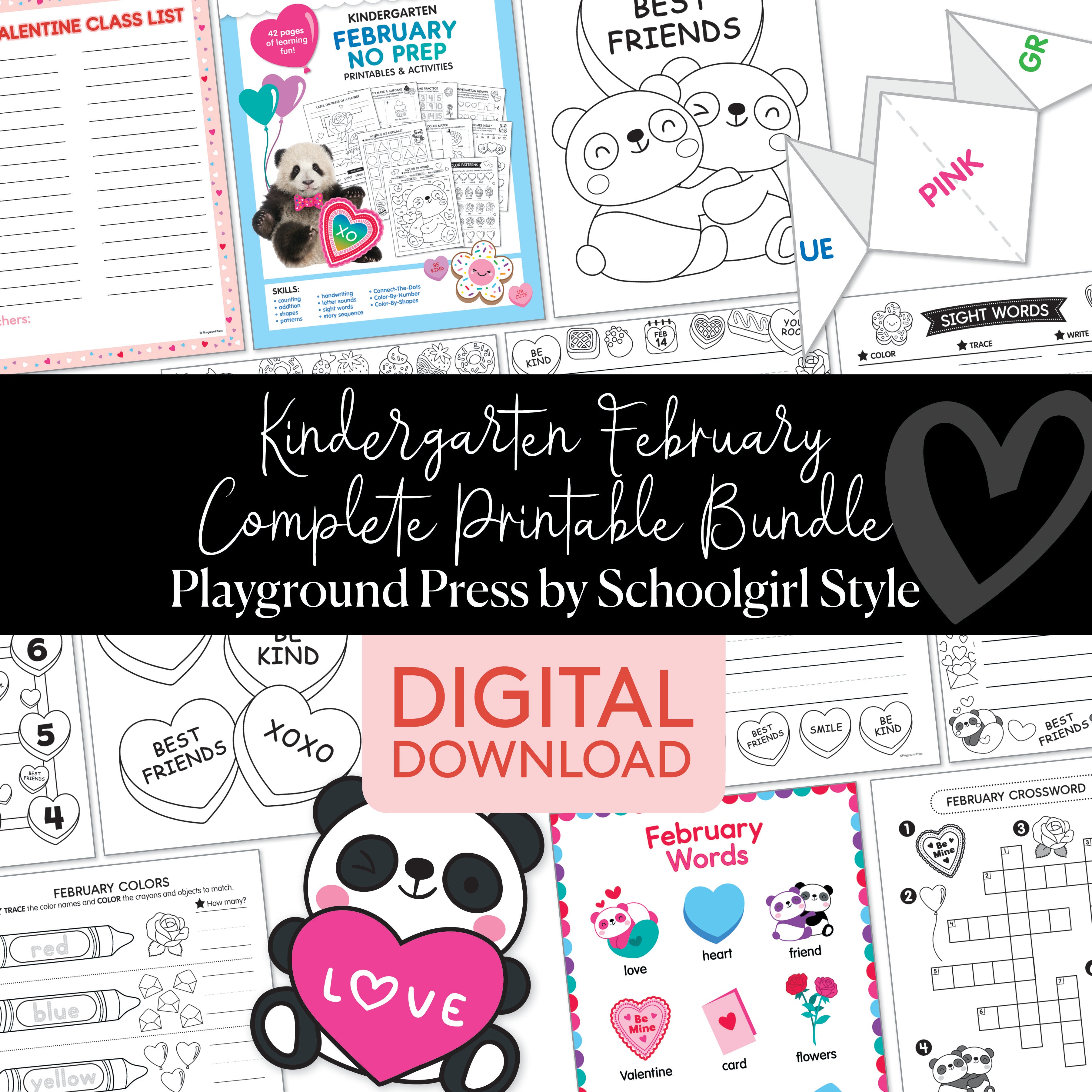 Kindergarten February Complete No Prep Printable Bundle – Schoolgirl Style