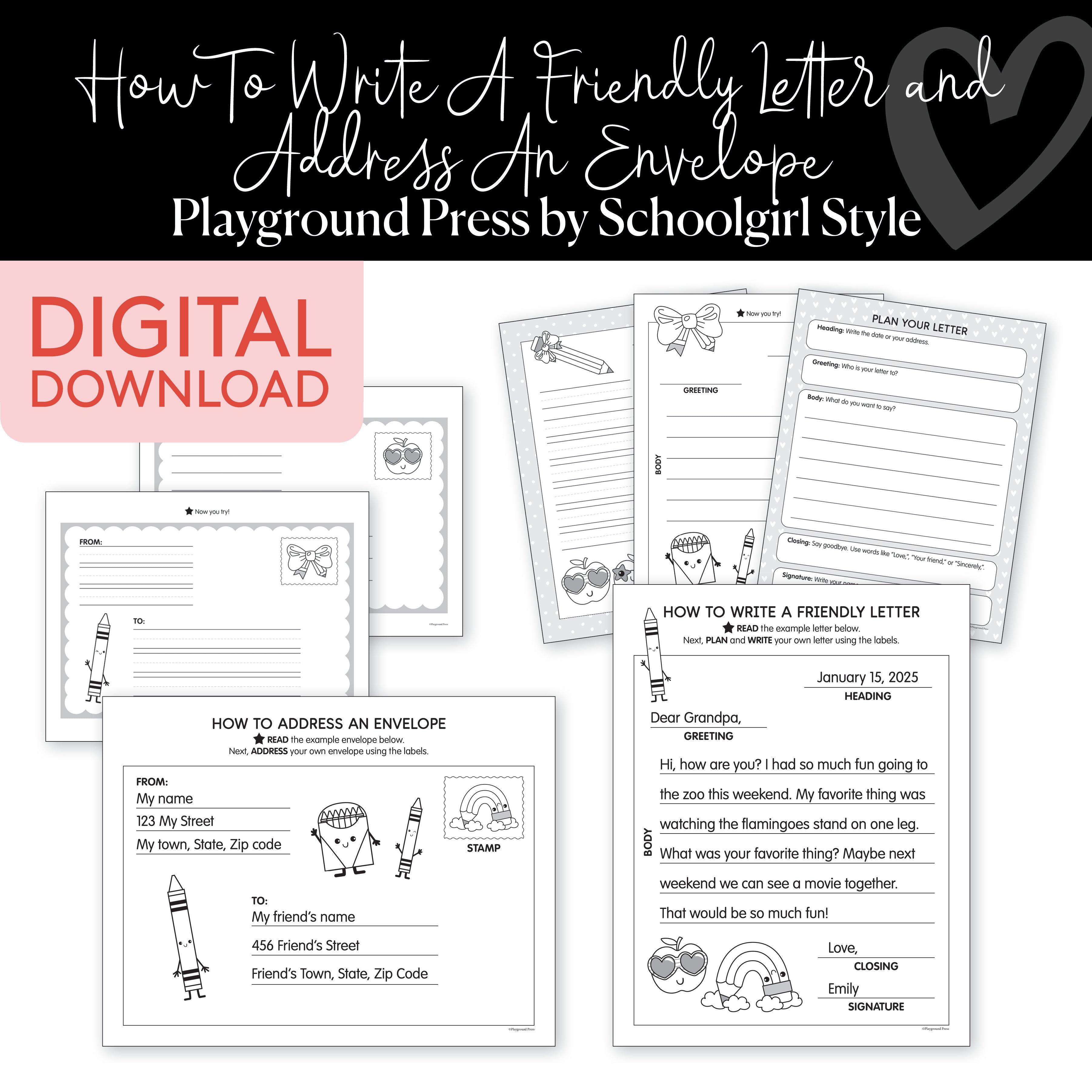 Friendly Letter Writing and Address an Envelope Activity – Schoolgirl Style