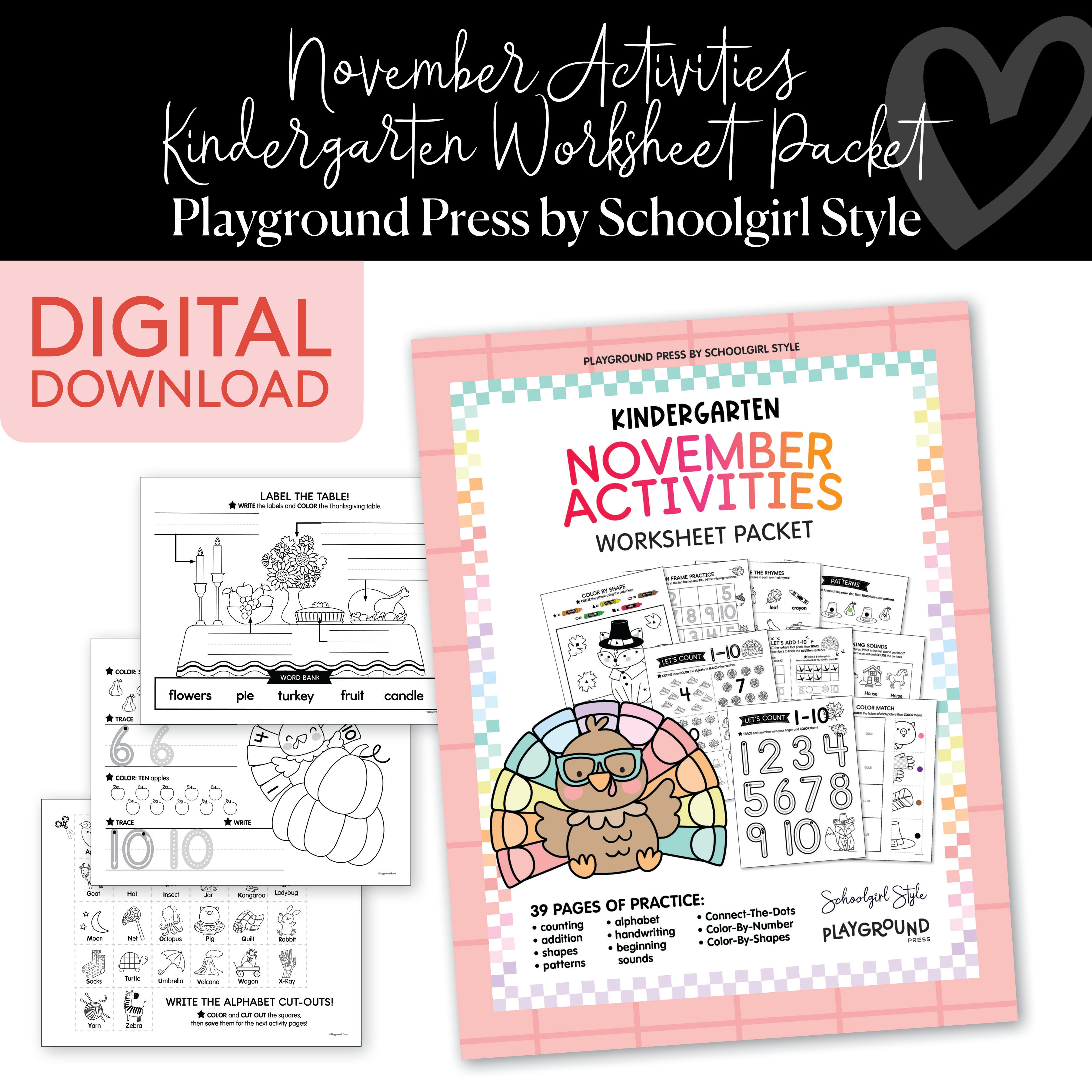 November Kindergarten No Prep Printables & Activities – Schoolgirl Style