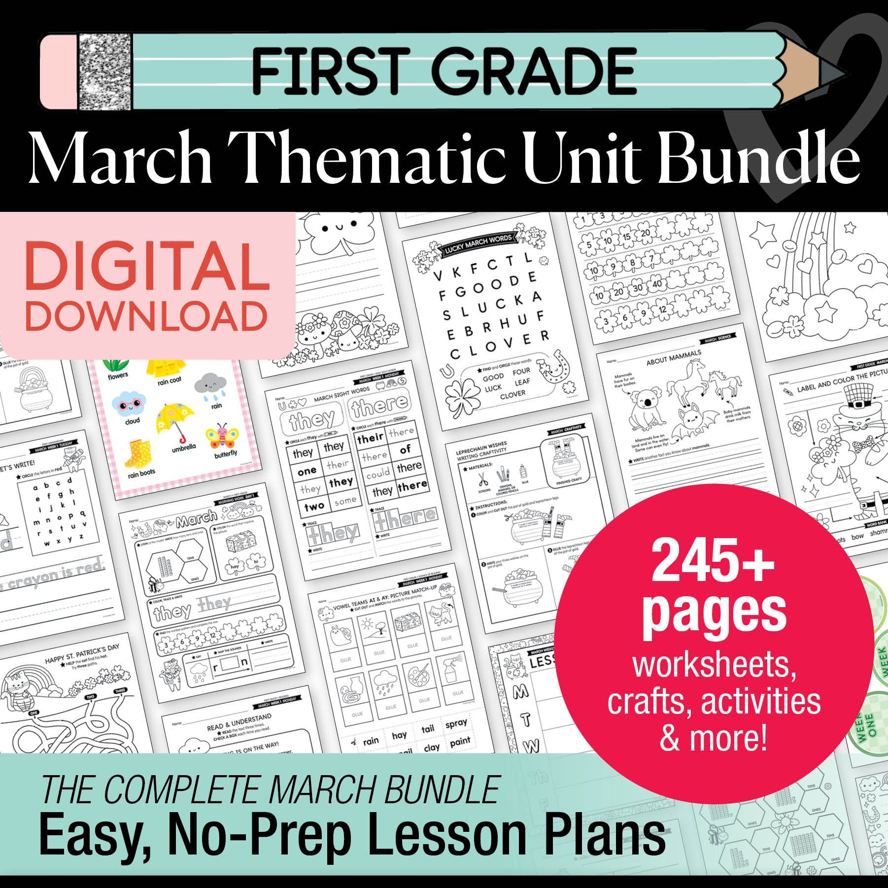 Printable First Grade March Thematic Unit Bundle – Schoolgirl Style