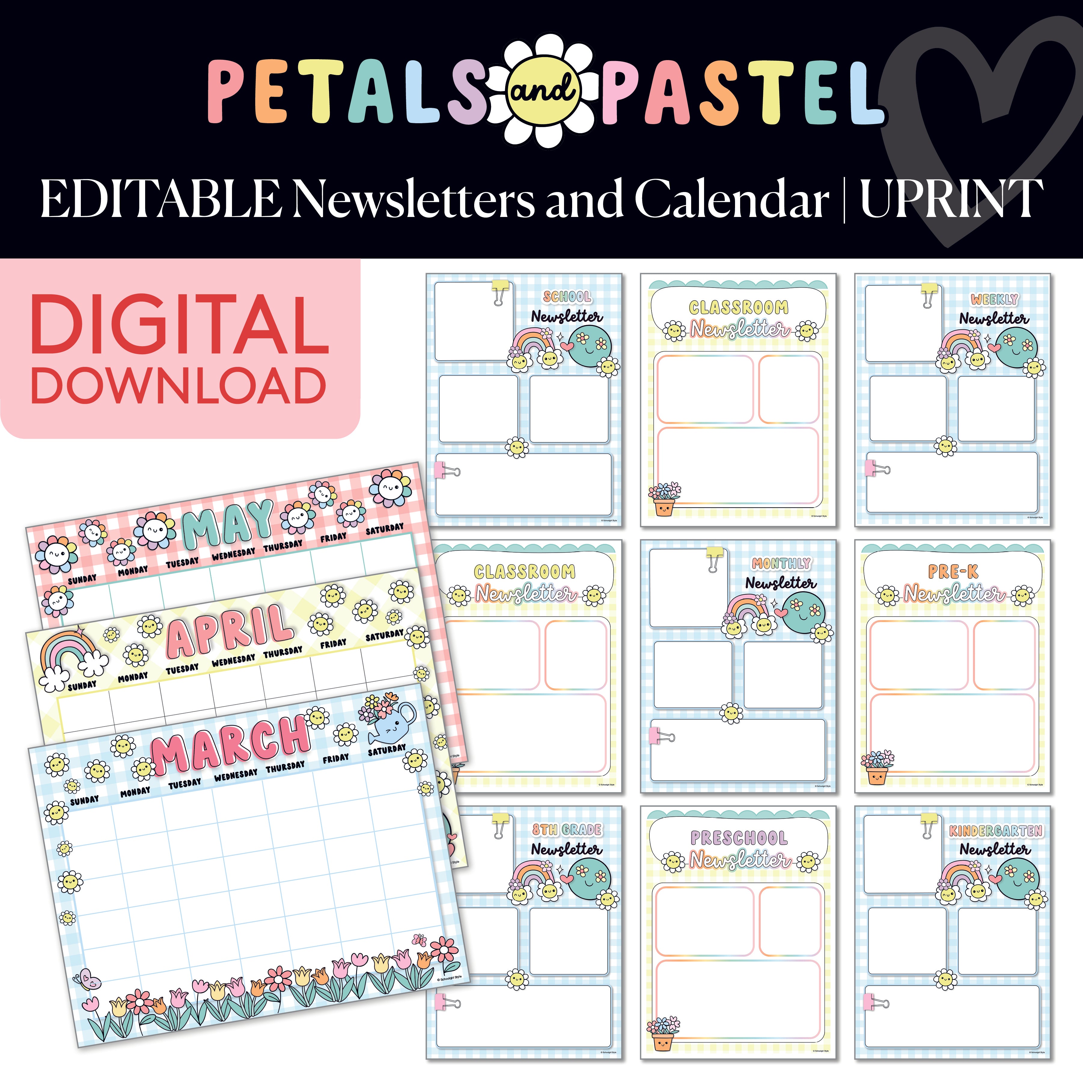 Petals and Pastel | Editable Newsletters and Calendar – Schoolgirl Style