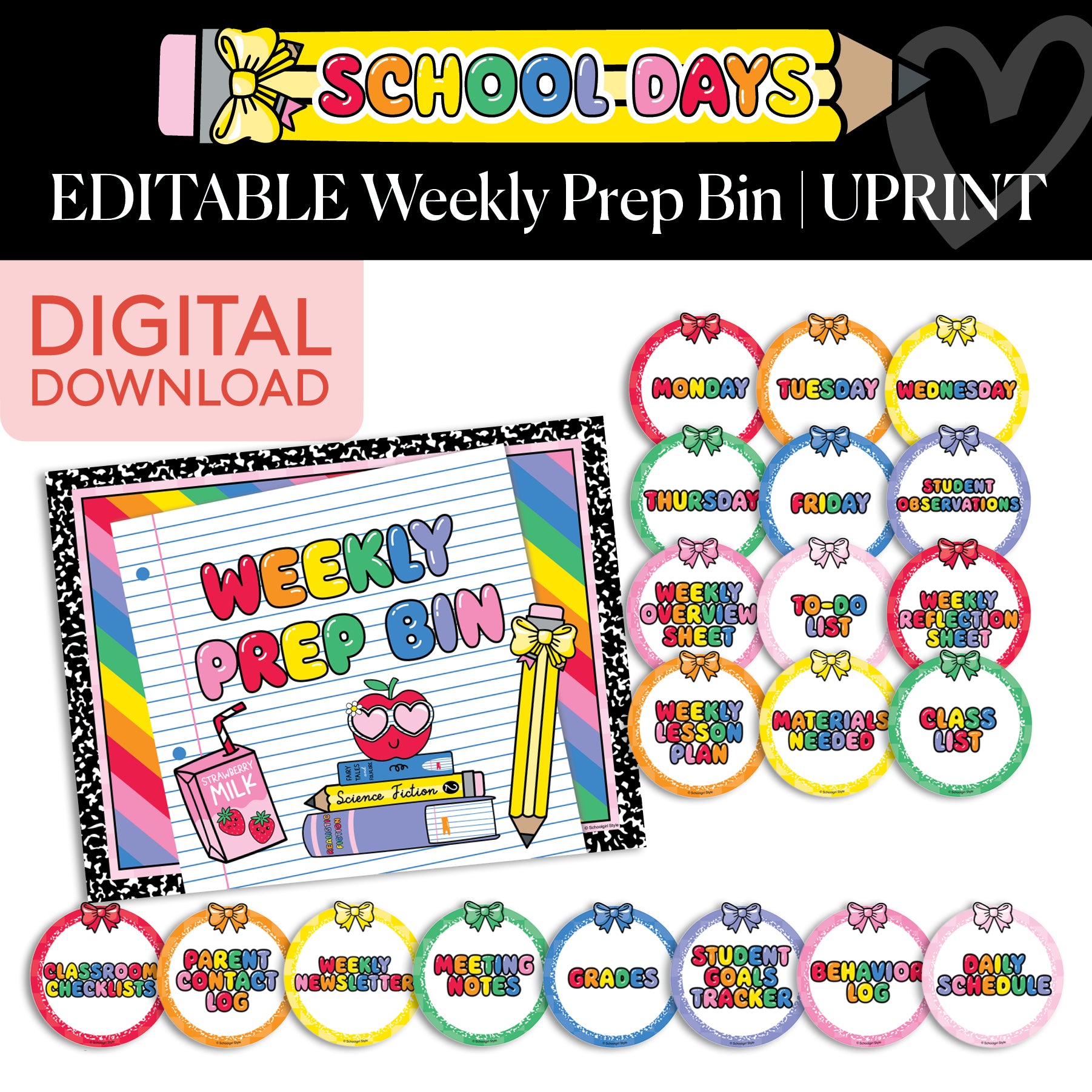 Printable Rainbow Weekly Prep Bin | School Days – Schoolgirl Style
