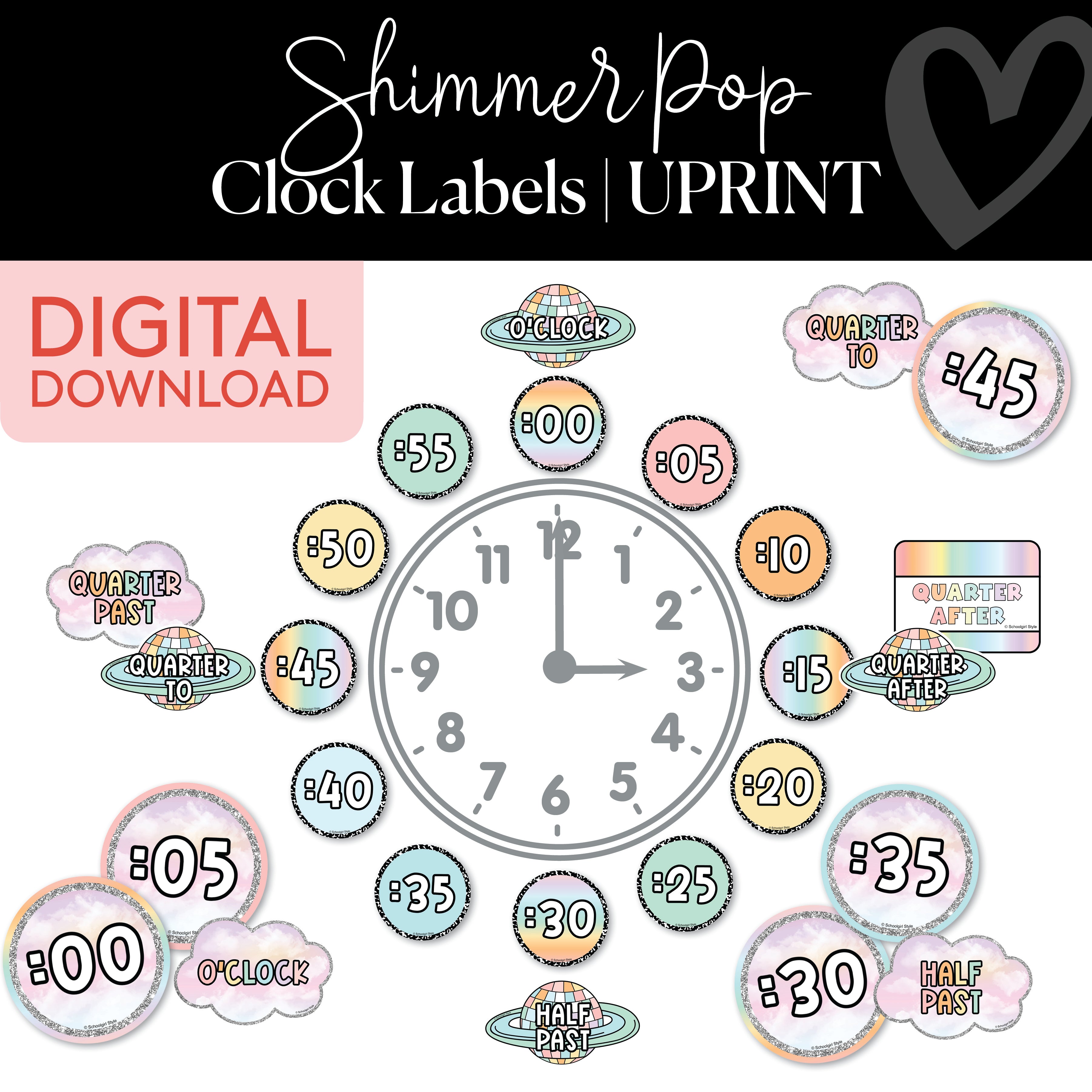 Clock Labels | Shimmer Pop | Printable Classroom Decor | Schoolgirl St ...