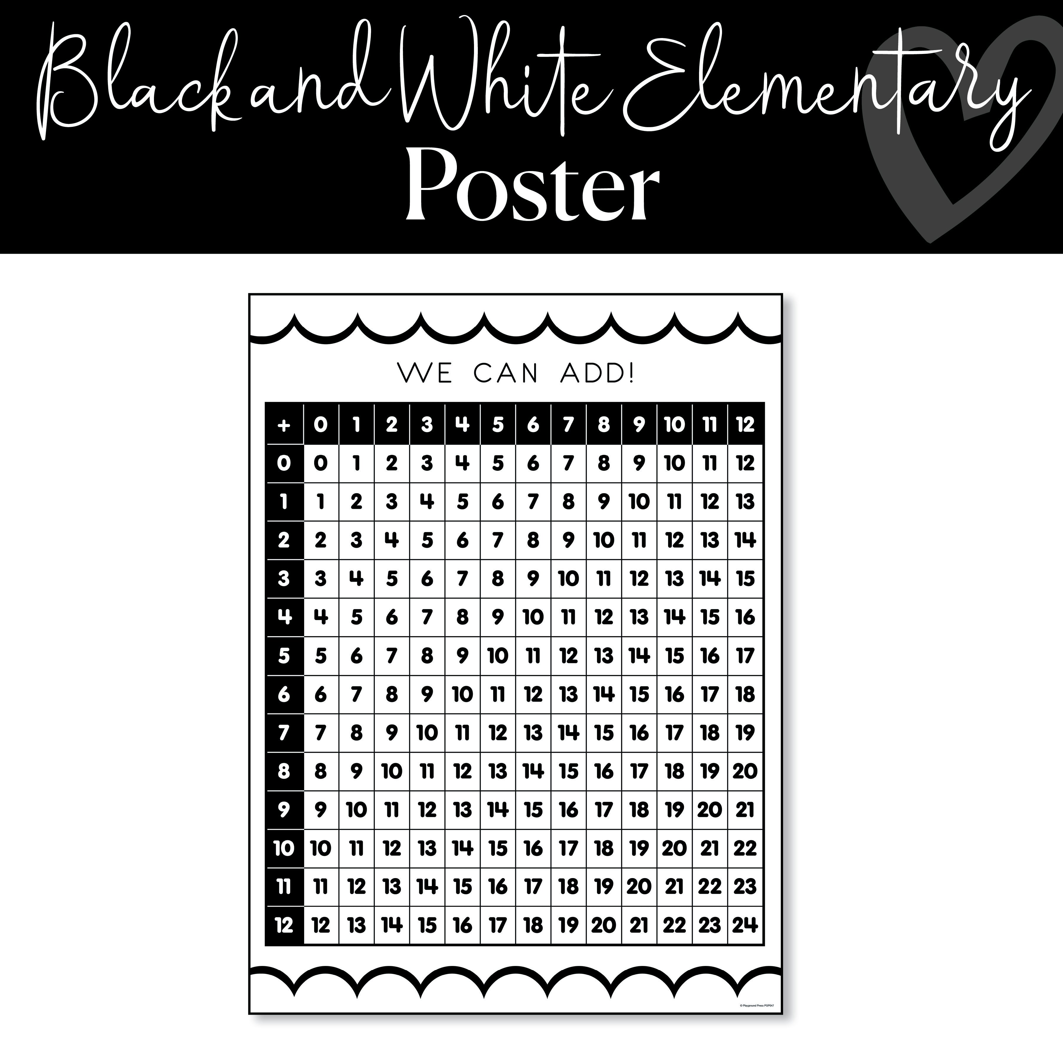 Black and White Addition Home Learning poster – Schoolgirl Style