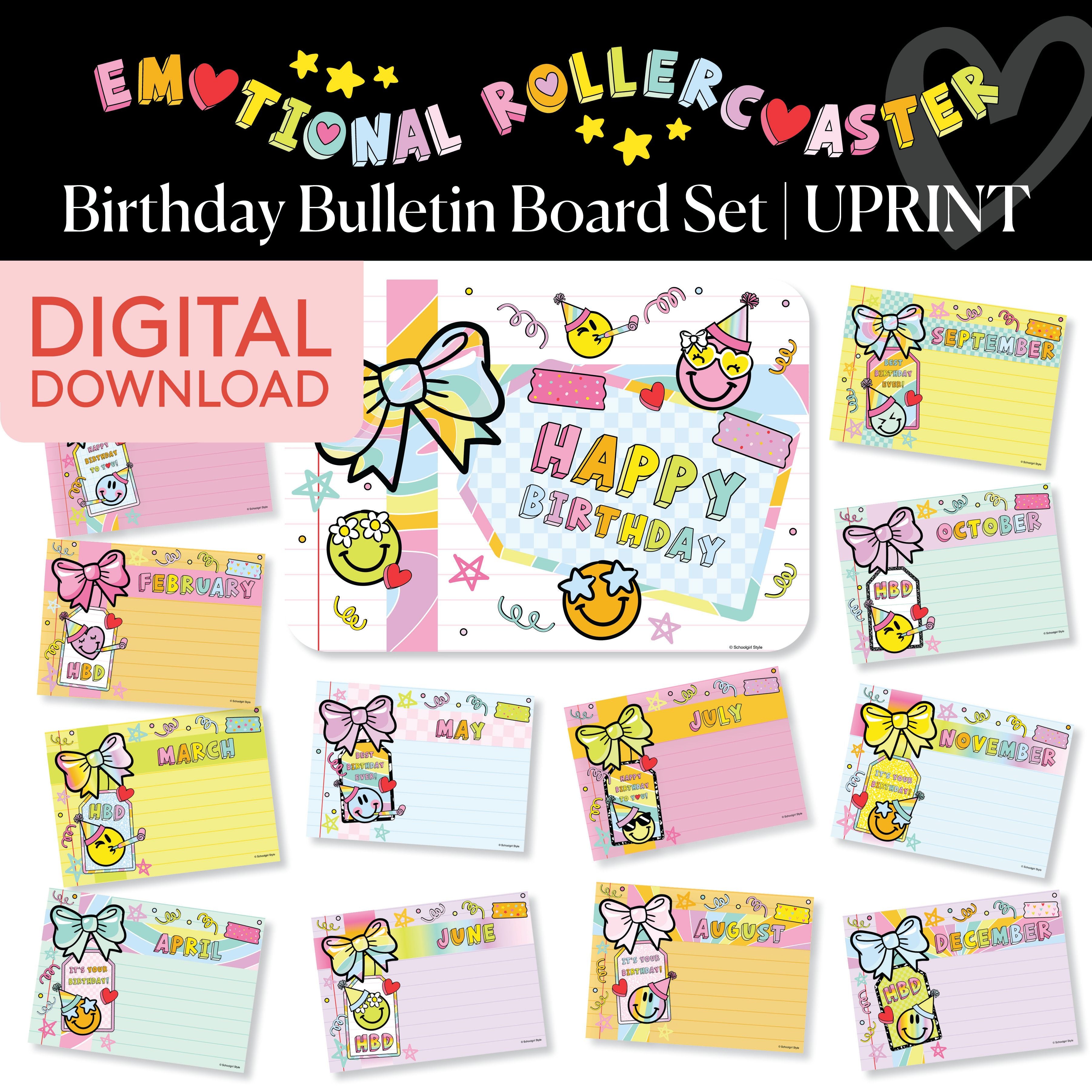 Printable Rainbow Pastel Birthday Bulletin Board Set | Emotional Rolle ...