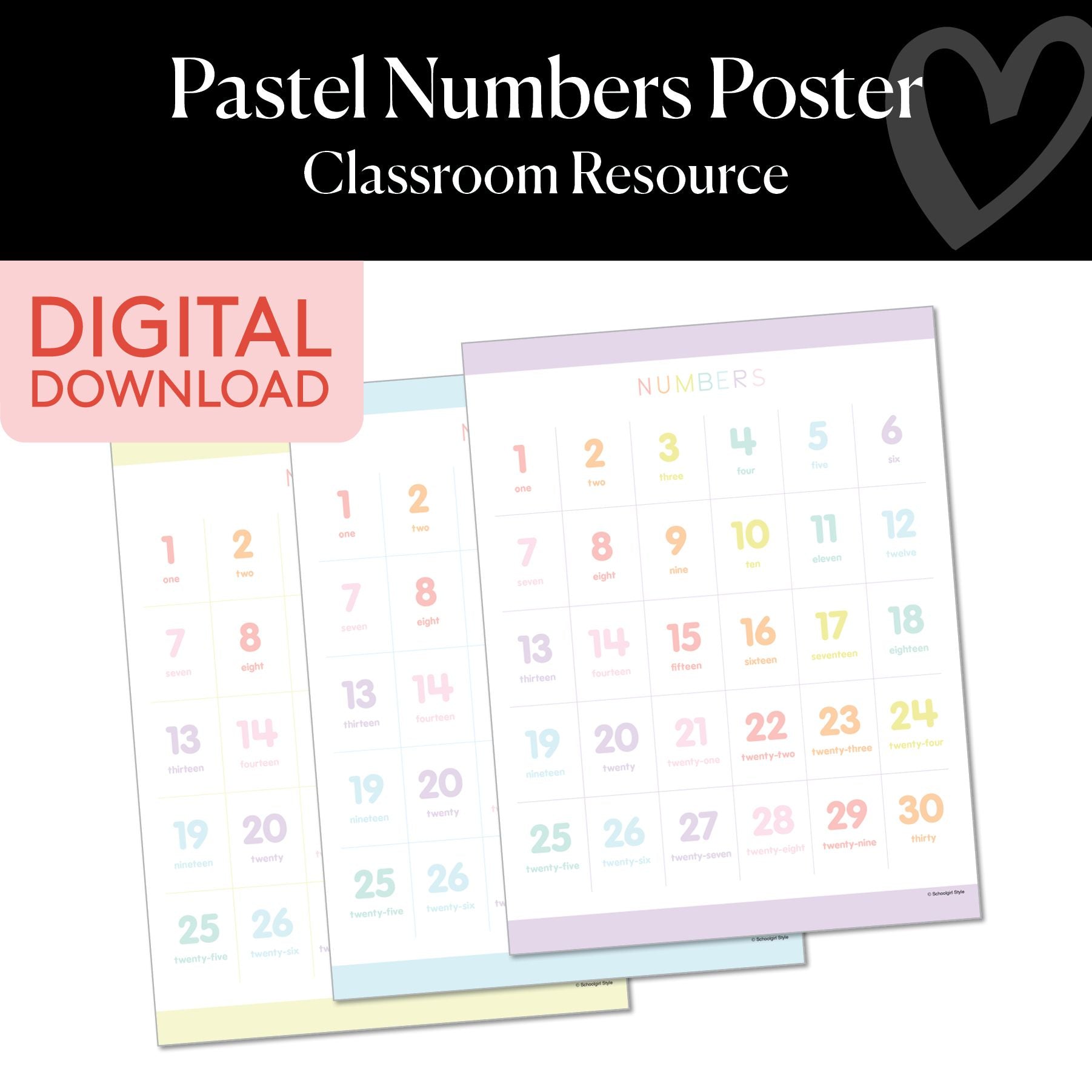Printable Pastel Numbers 1–30 Poster – Schoolgirl Style