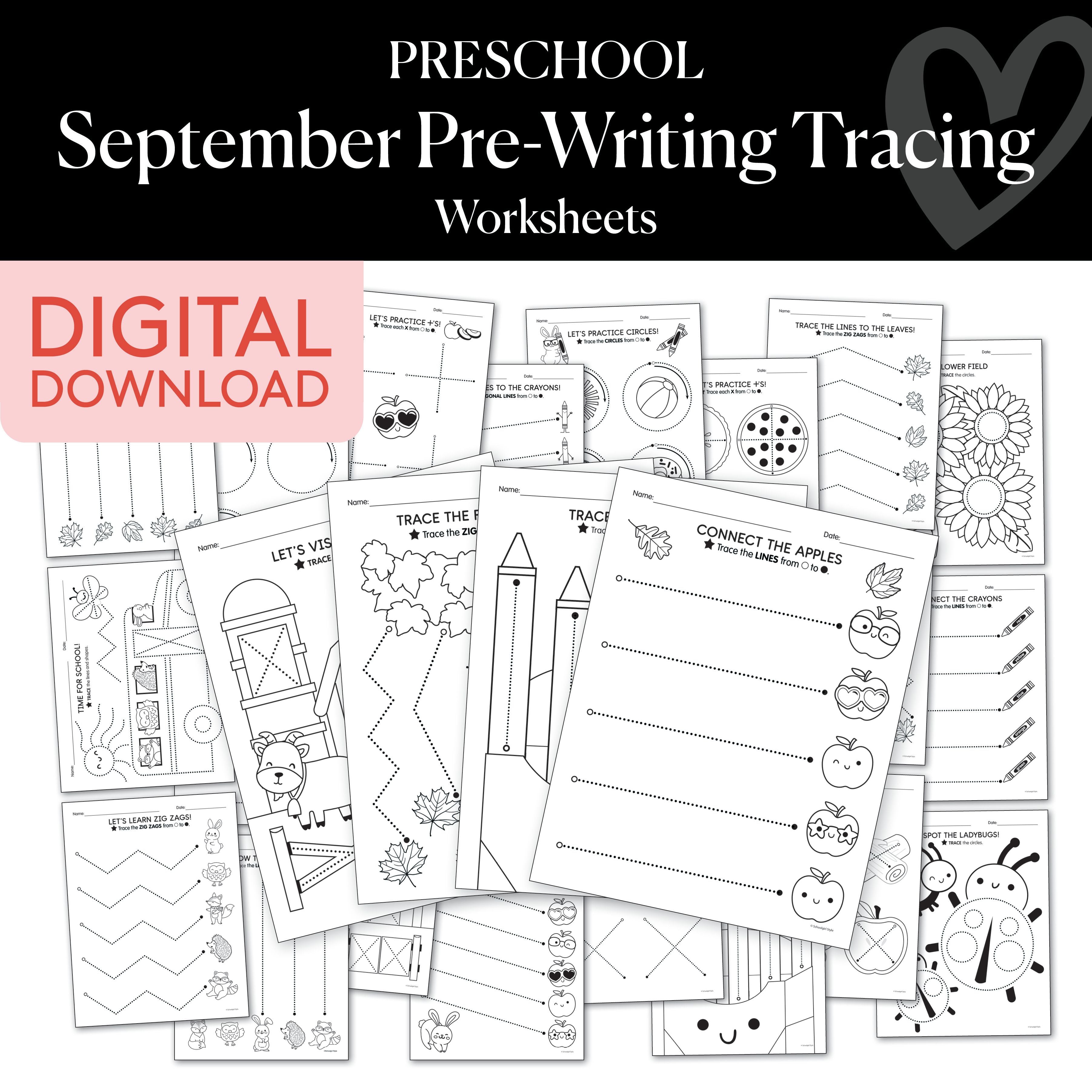 Preschool September Pre-Writing Tracing Worksheets – Schoolgirl Style