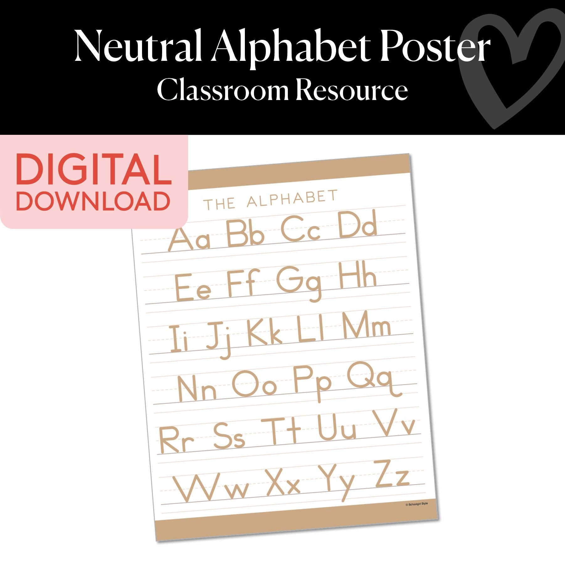 Printable Neutral Alphabet Poster – Schoolgirl Style