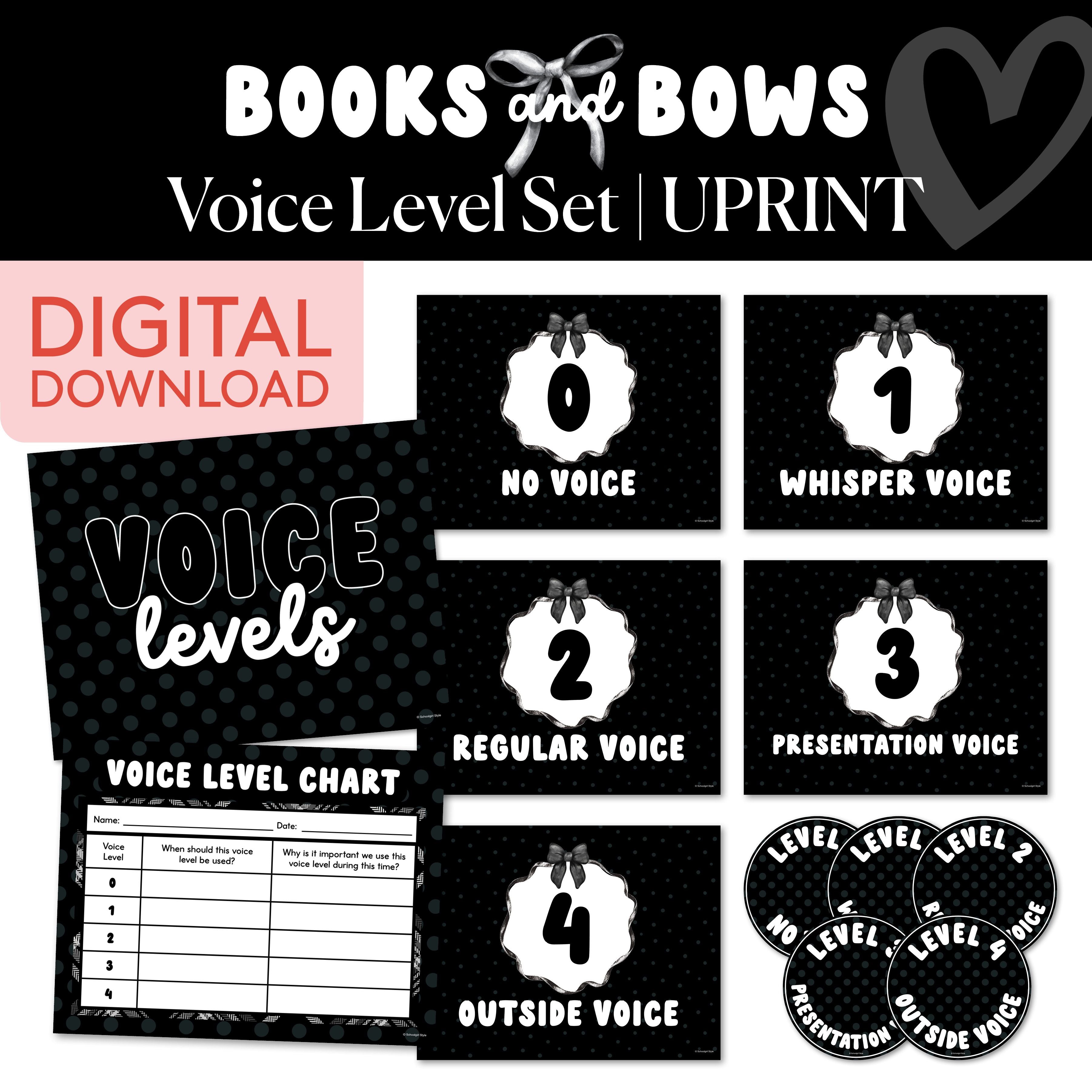 Printable Black and White Voice Level Set | Books and Bows – Schoolgirl ...