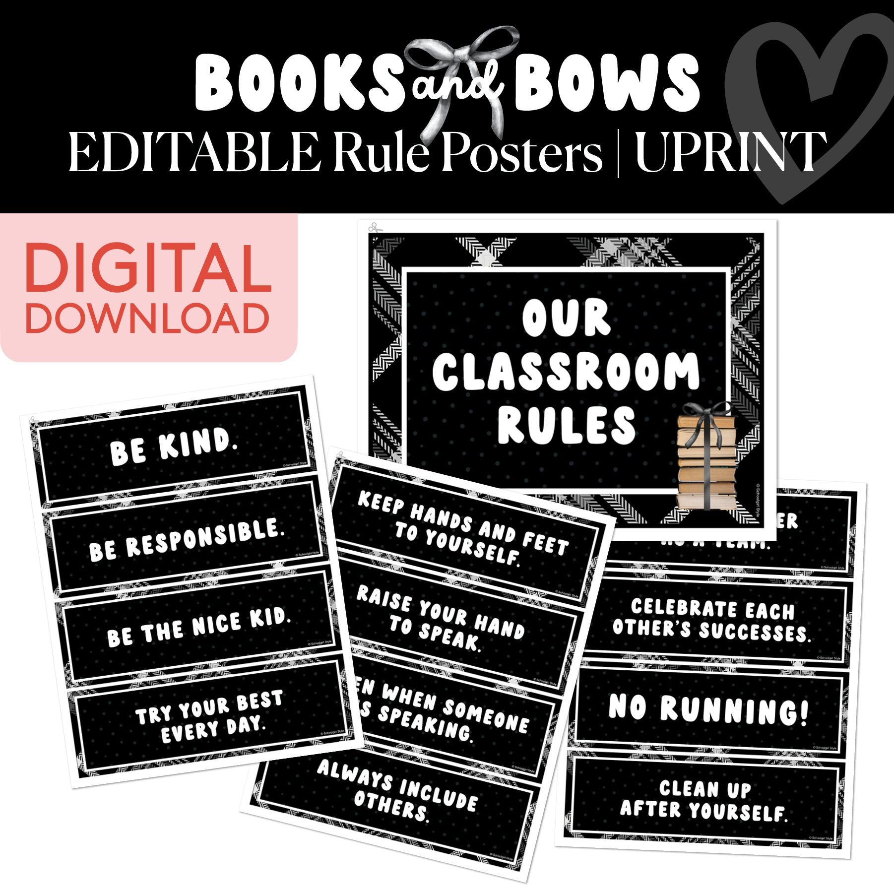 Printable Black and White Editable Rule Posters | Books and Bows ...
