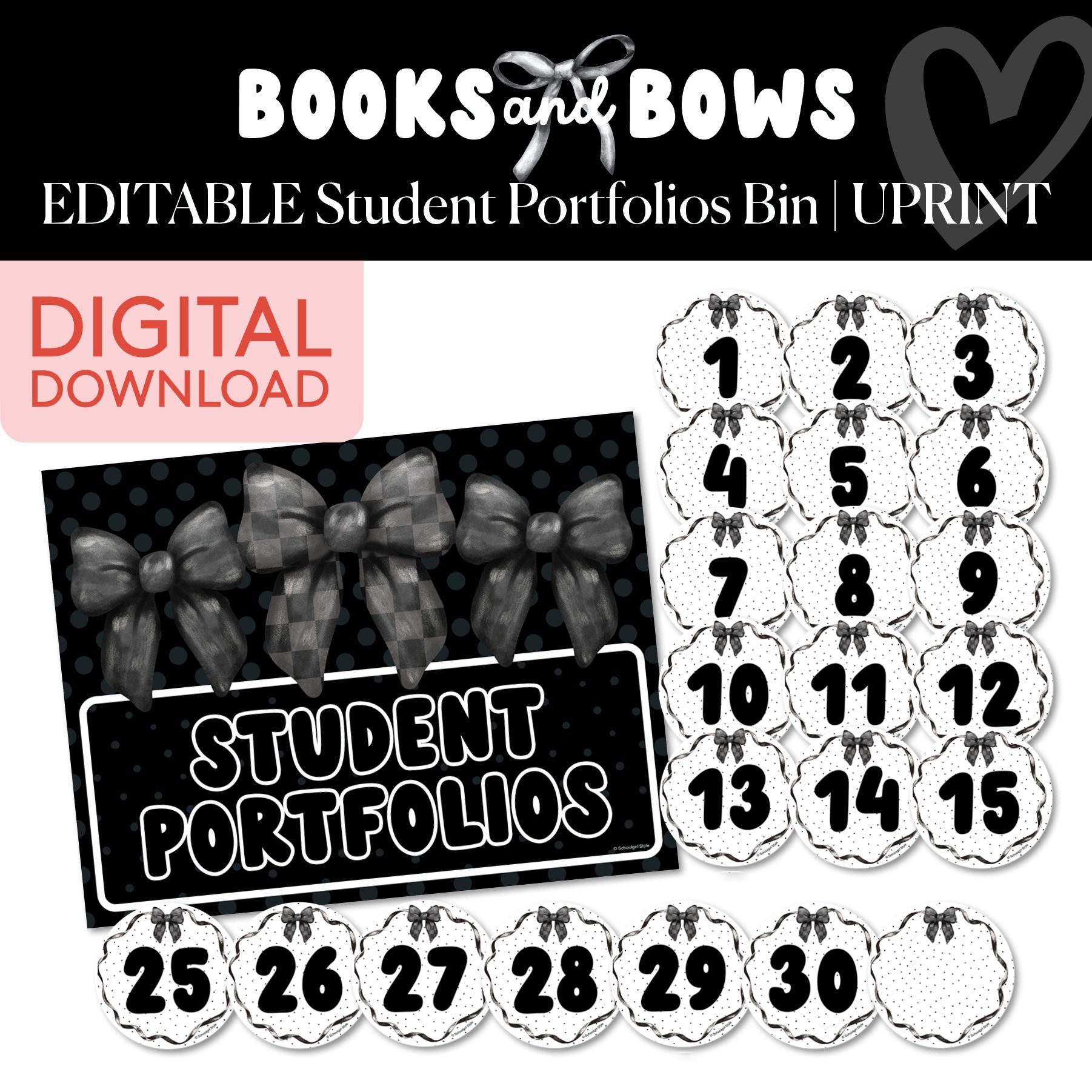 Printable Black and White Editable Student Portfolios | Books and Bows ...