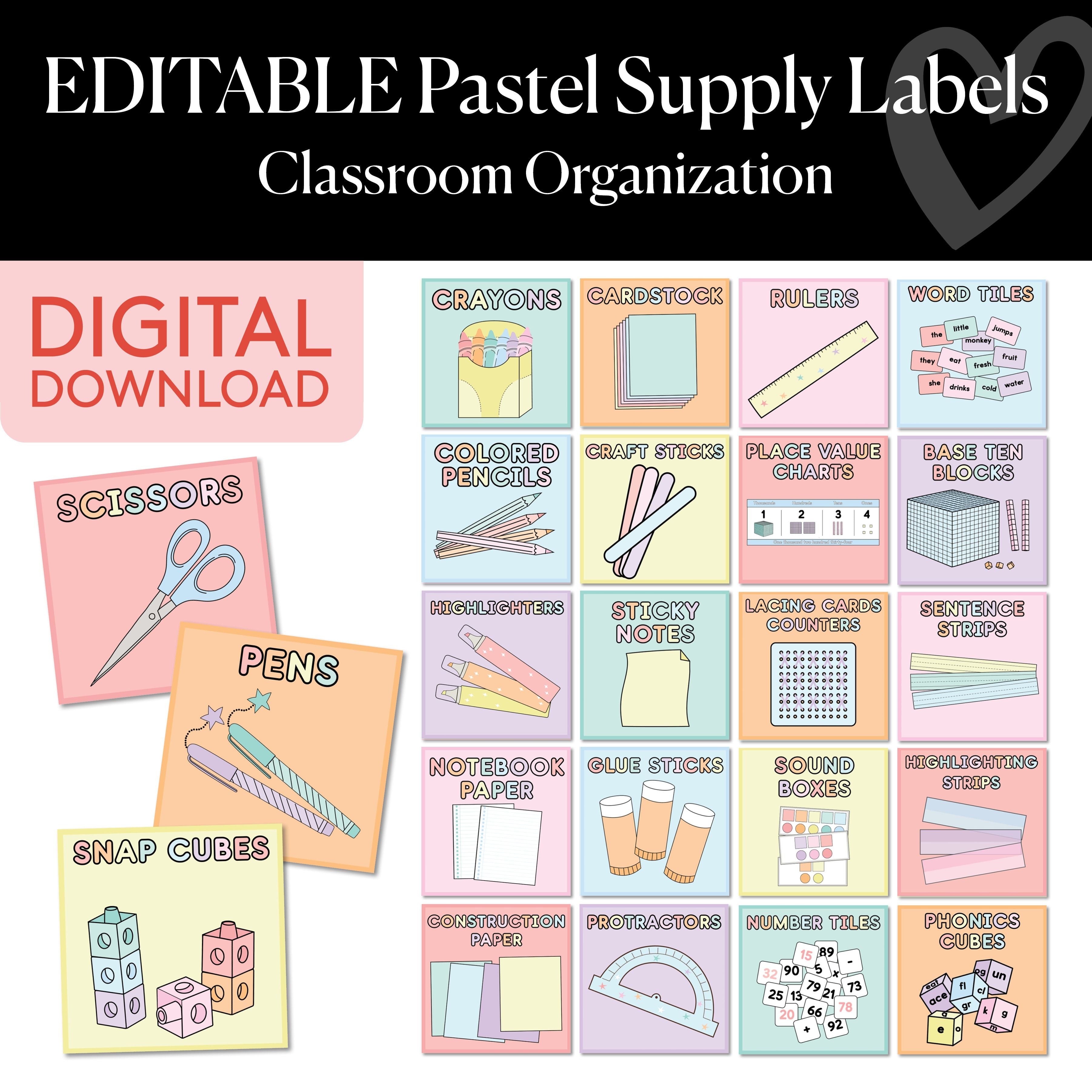 Printable Editable Pastel Classroom Supply Labels – Schoolgirl Style