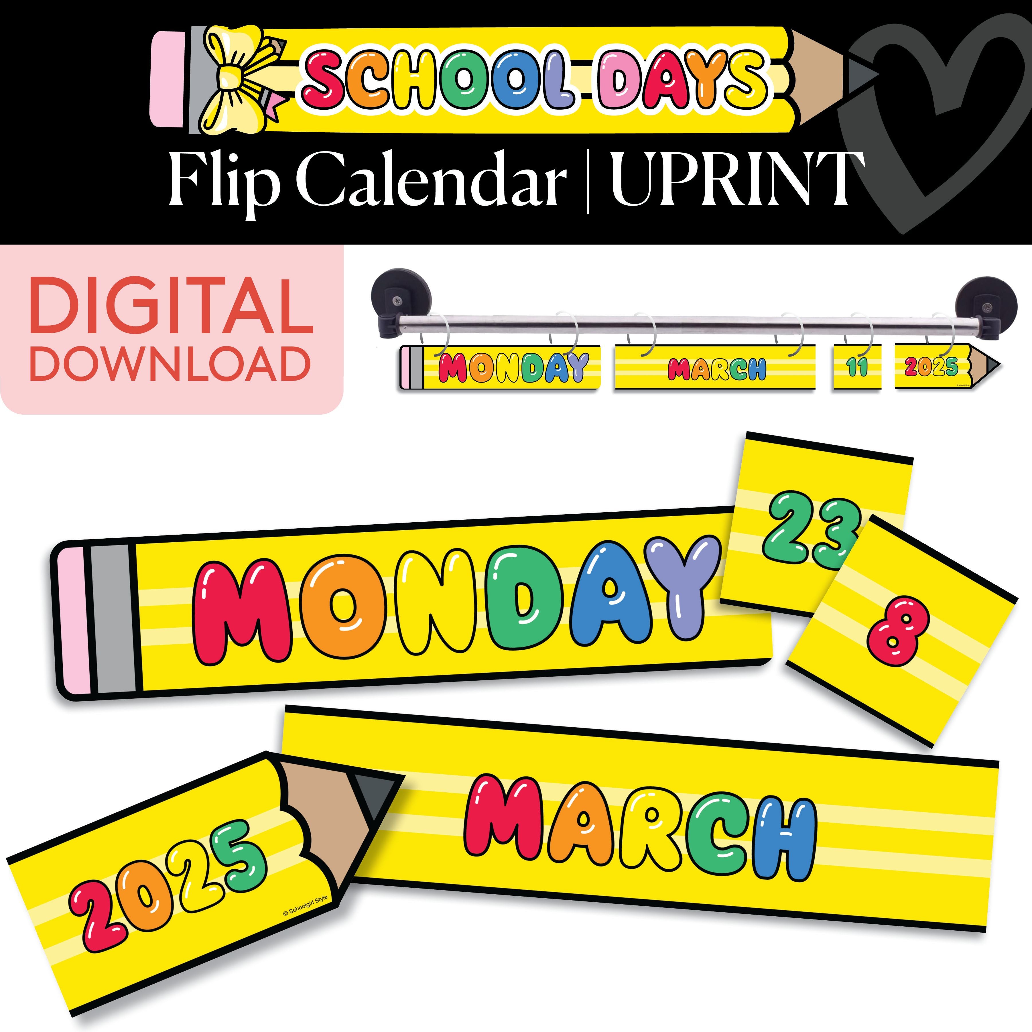 Printable Bright Rainbow Classroom Flip Calendar | School Days ...