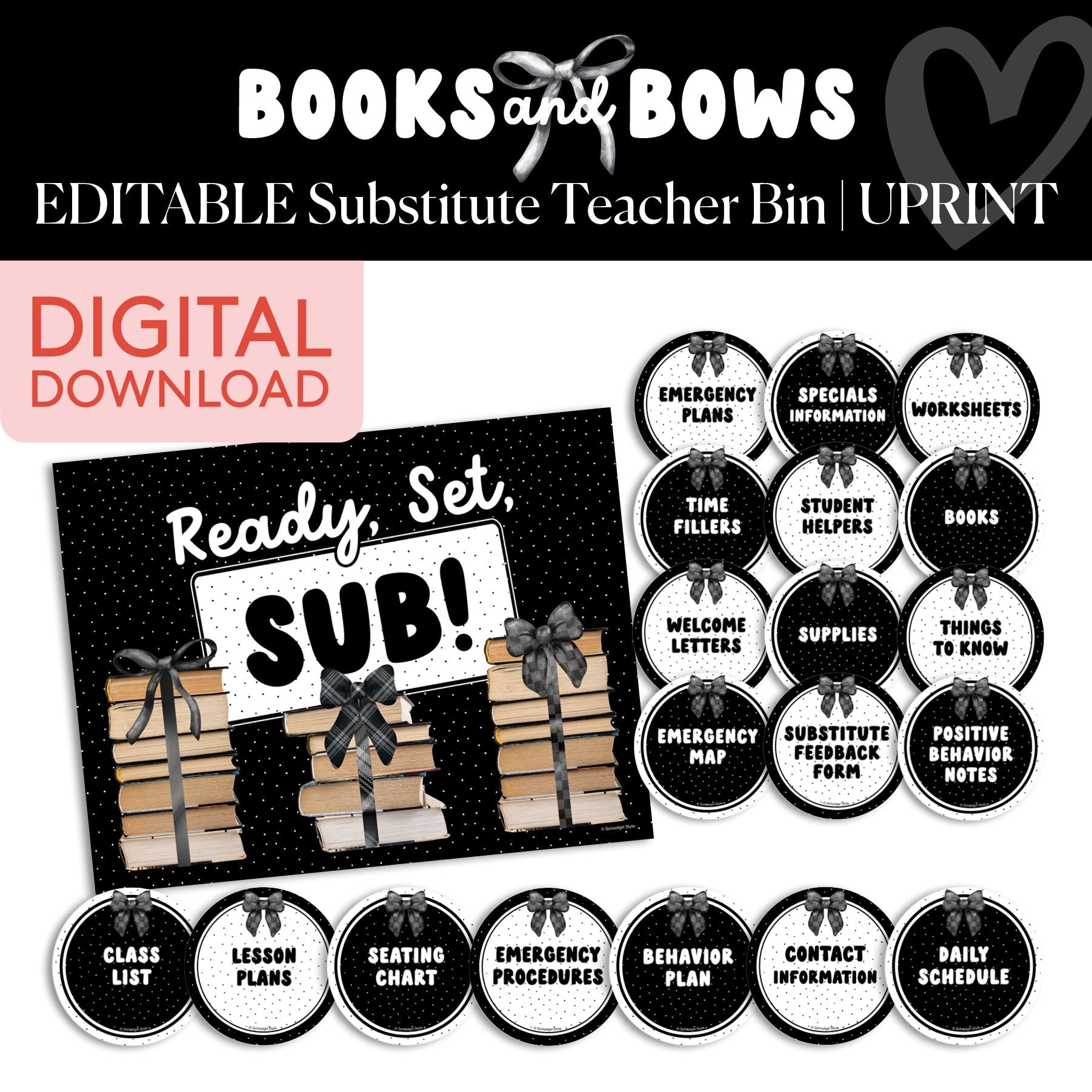 Printable Black and White Editable Substitute Teacher Bin and Forms ...