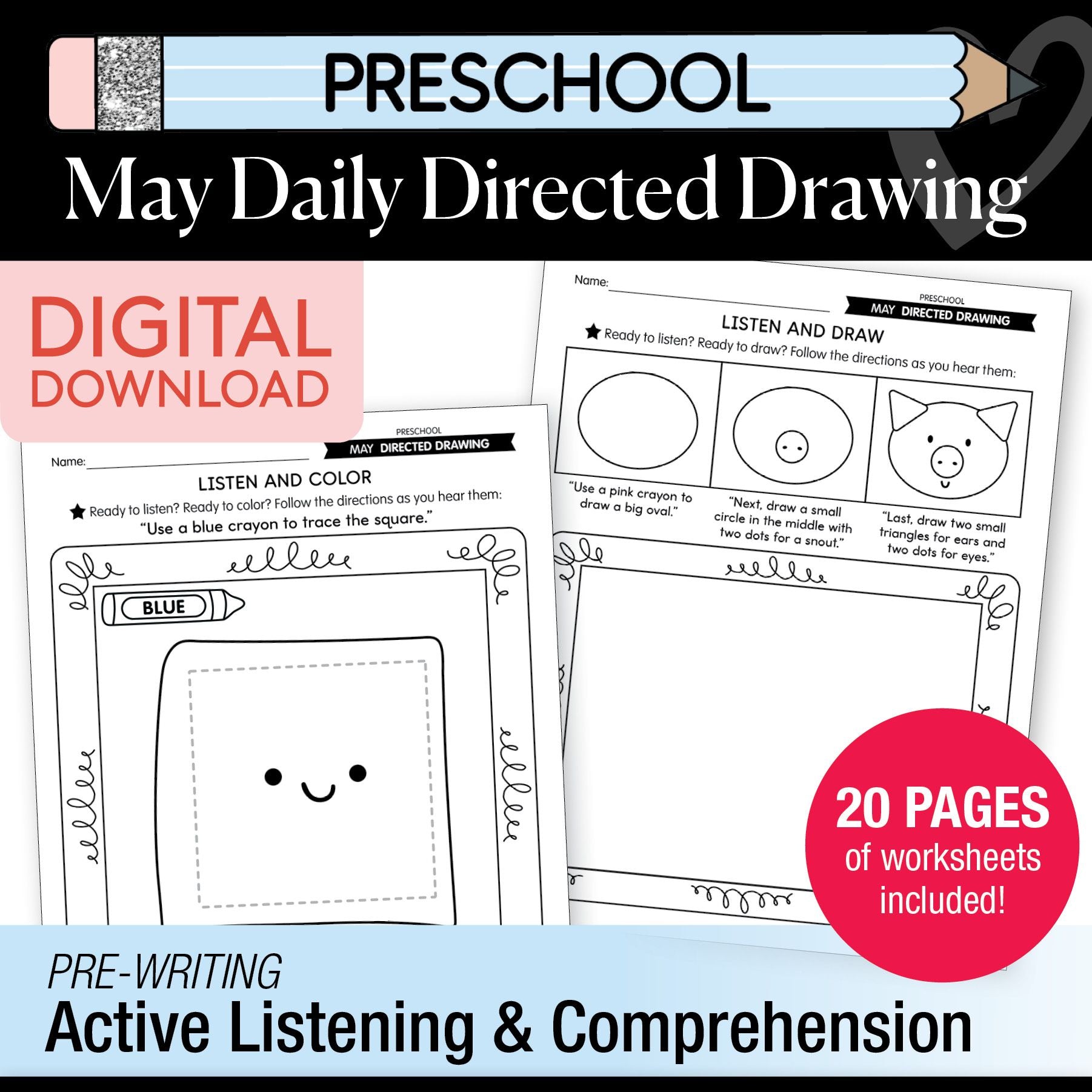 Printable Preschool May Daily Directed Drawing – Schoolgirl Style