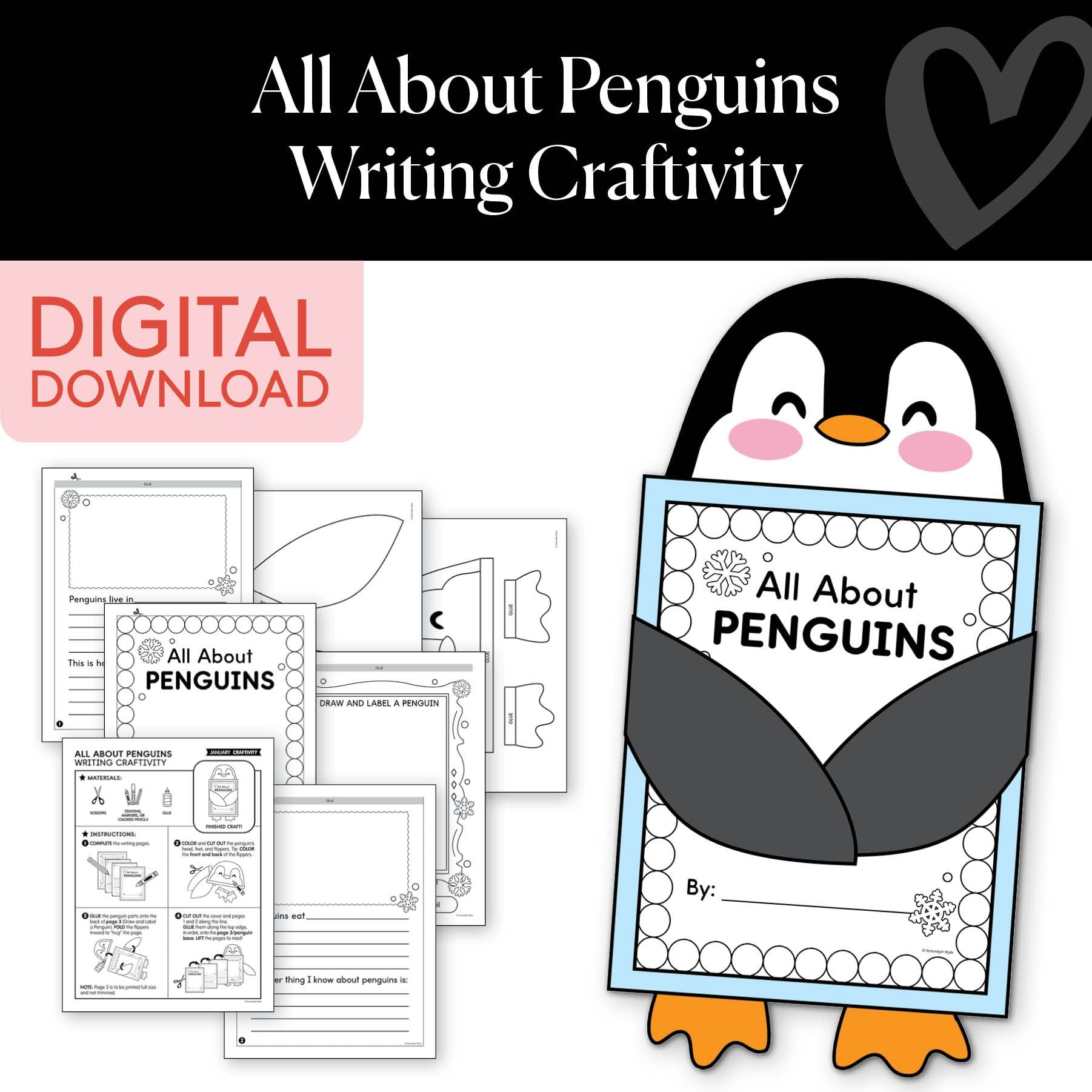 Printable January All About Penguins Writing Craftivity – Schoolgirl Style