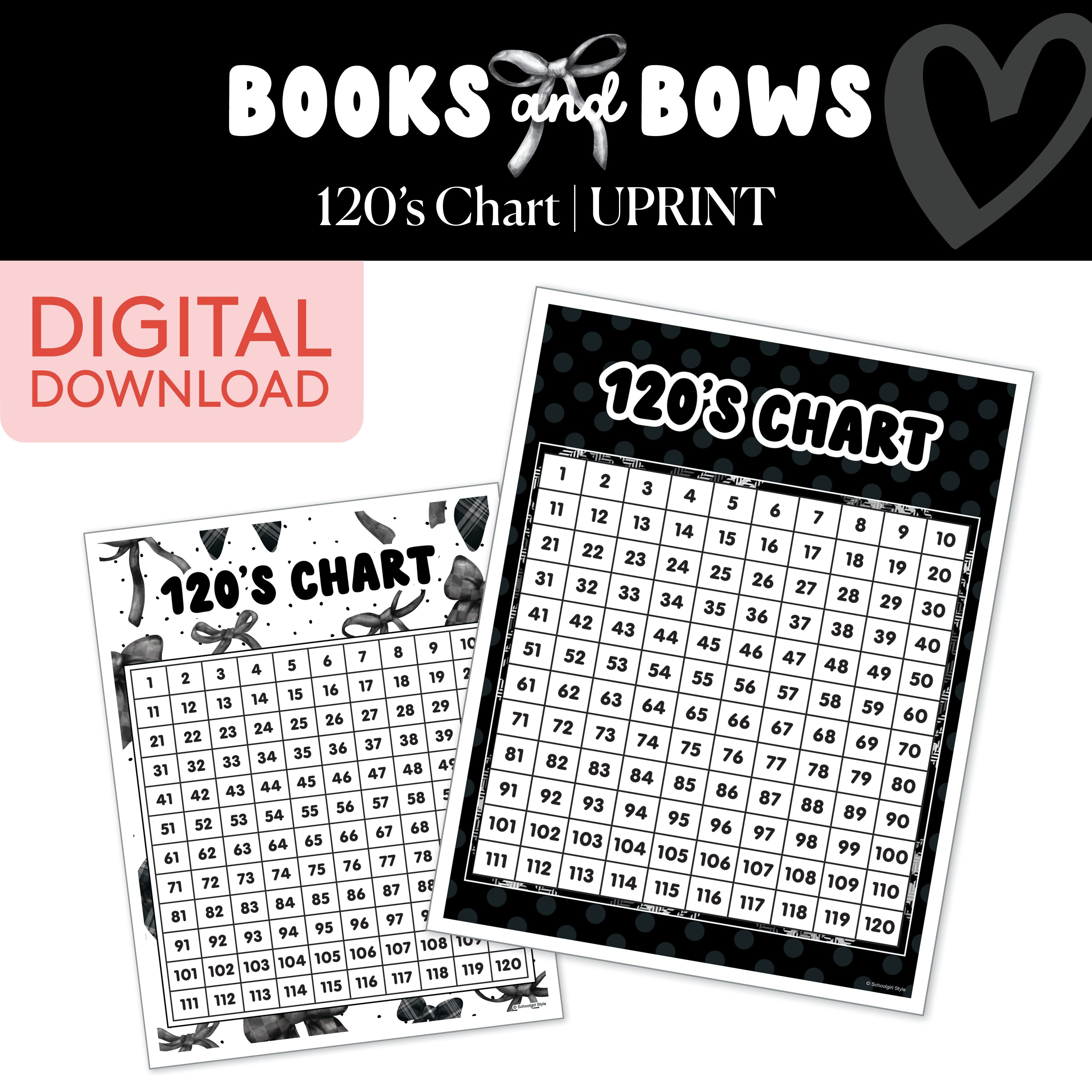 Printable Black and White 120's Chart | Books and Bows – Schoolgirl Style