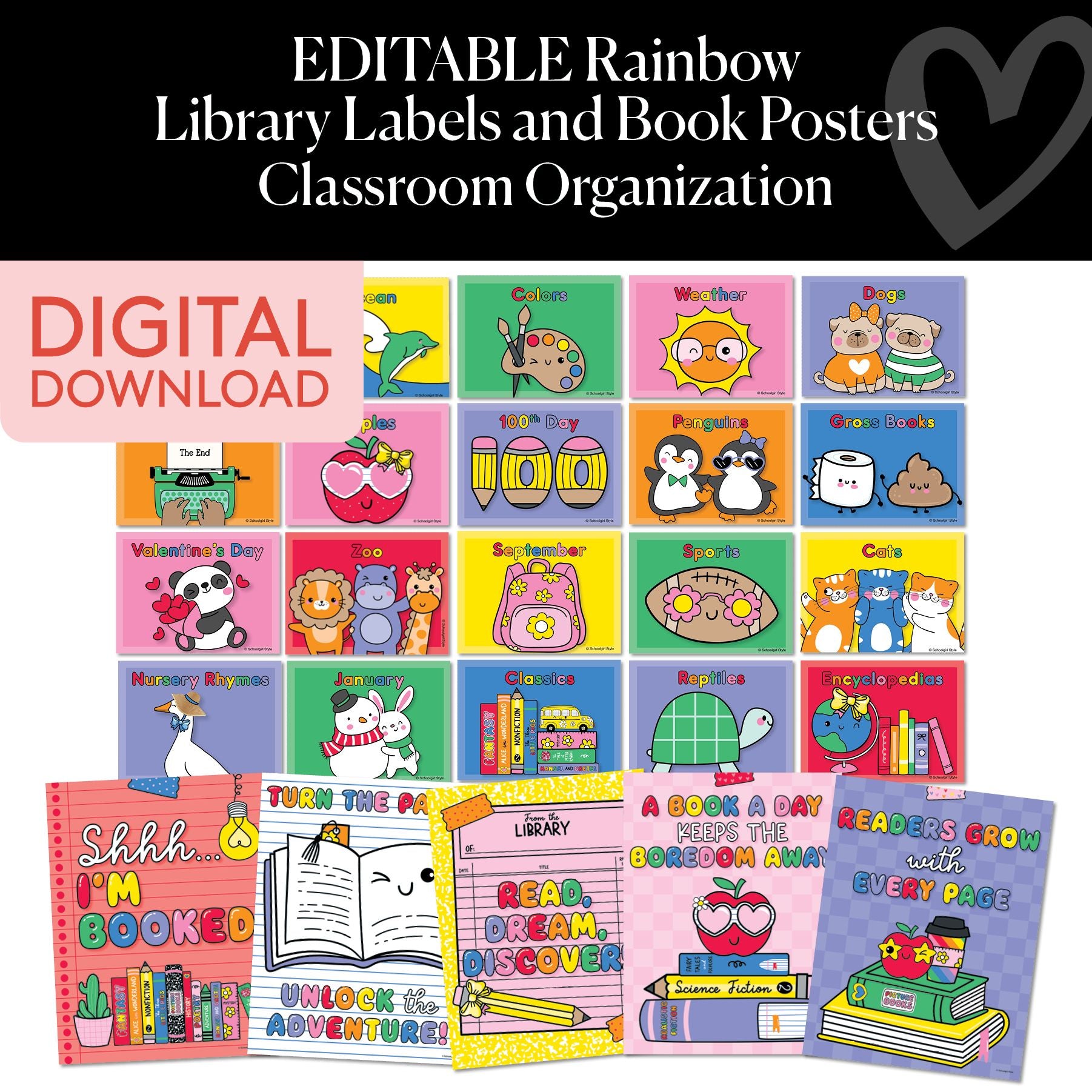 Printable Editable Rainbow Classroom Library Labels and Book Posters ...