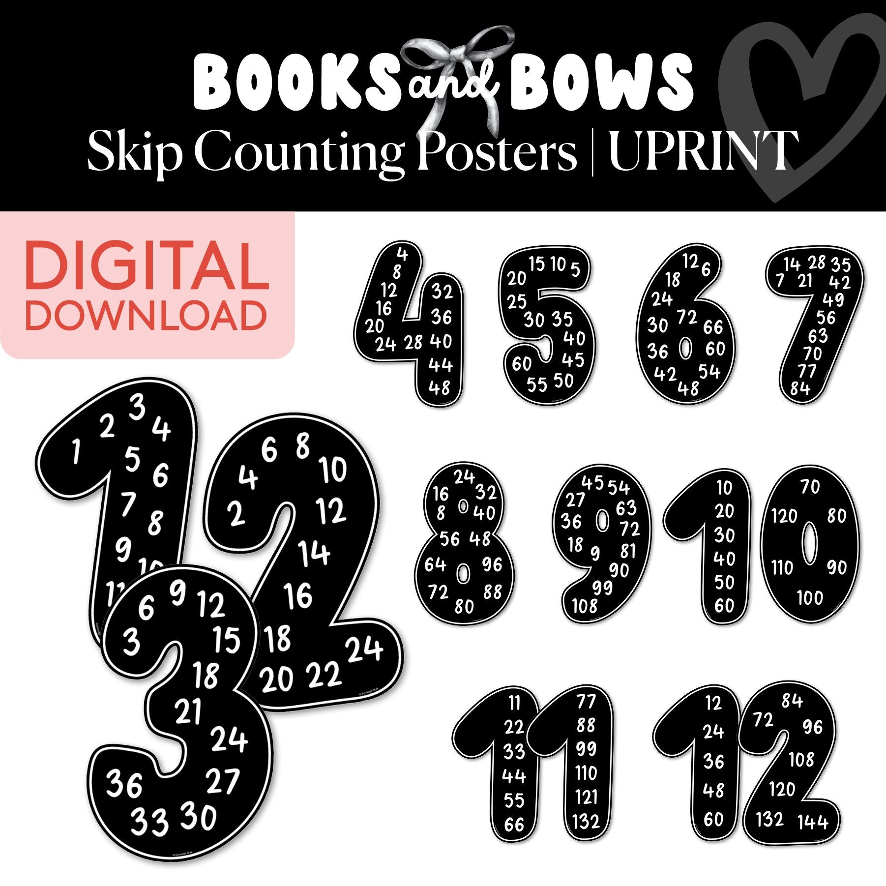 Printable Black and White Skip Counting Posters | Books and Bows ...
