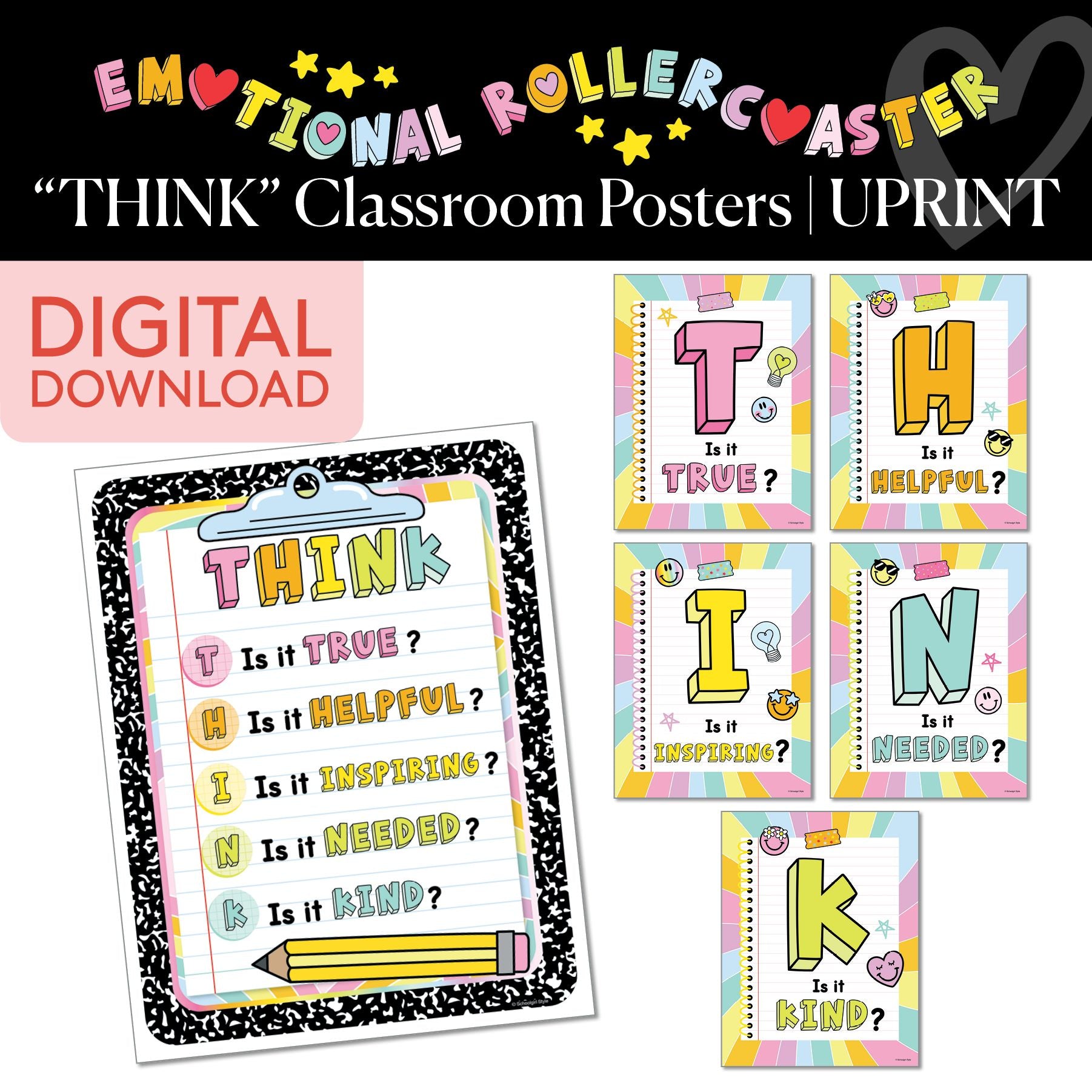 Printable Rainbow Pastel Think Posters | Emotional Rollercoaster ...